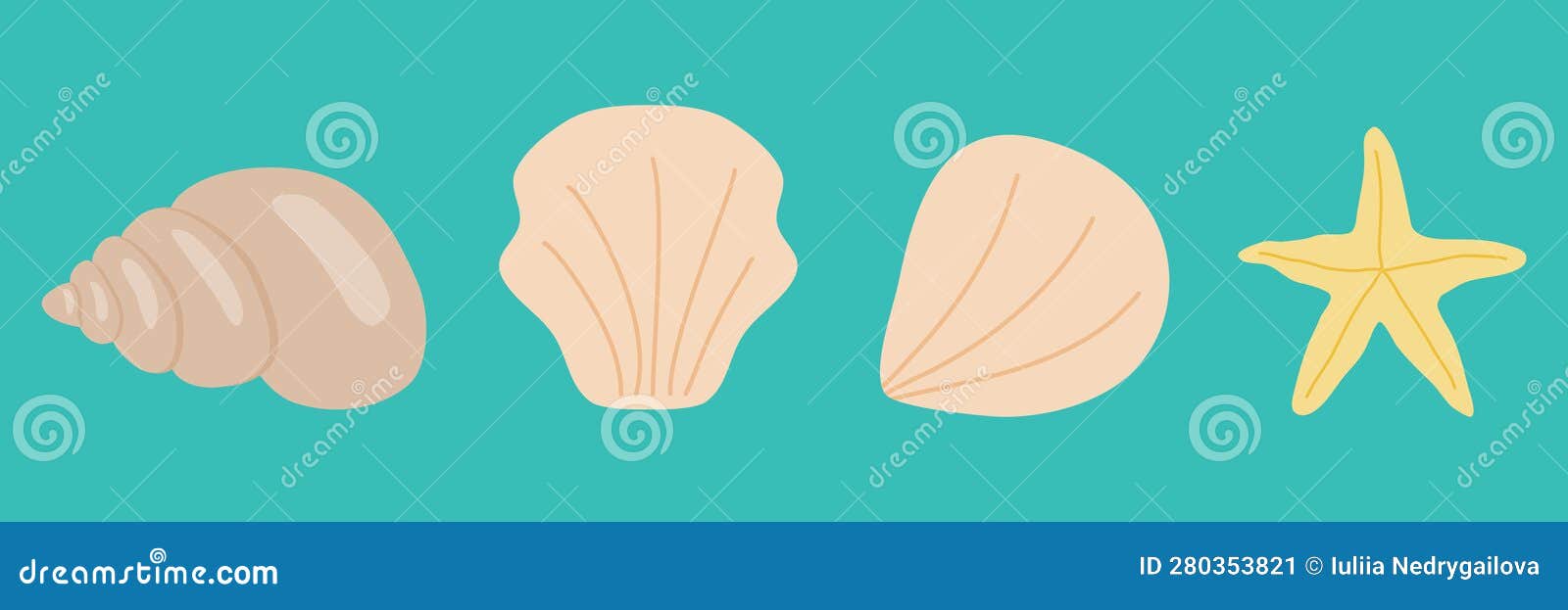 Different Sea Shells and Sea Star in a Row, Flat Vector Stock Vector ...