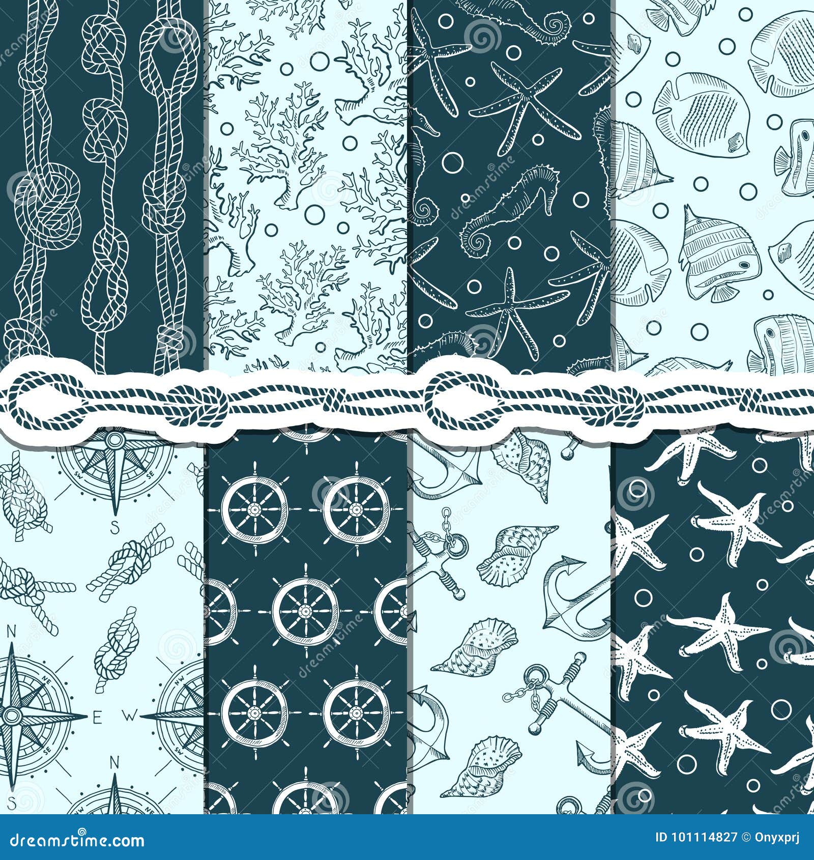 Different Seamless Patterns Set of Marine and Nautical Elements. Vector Stripes, Anchors and ...