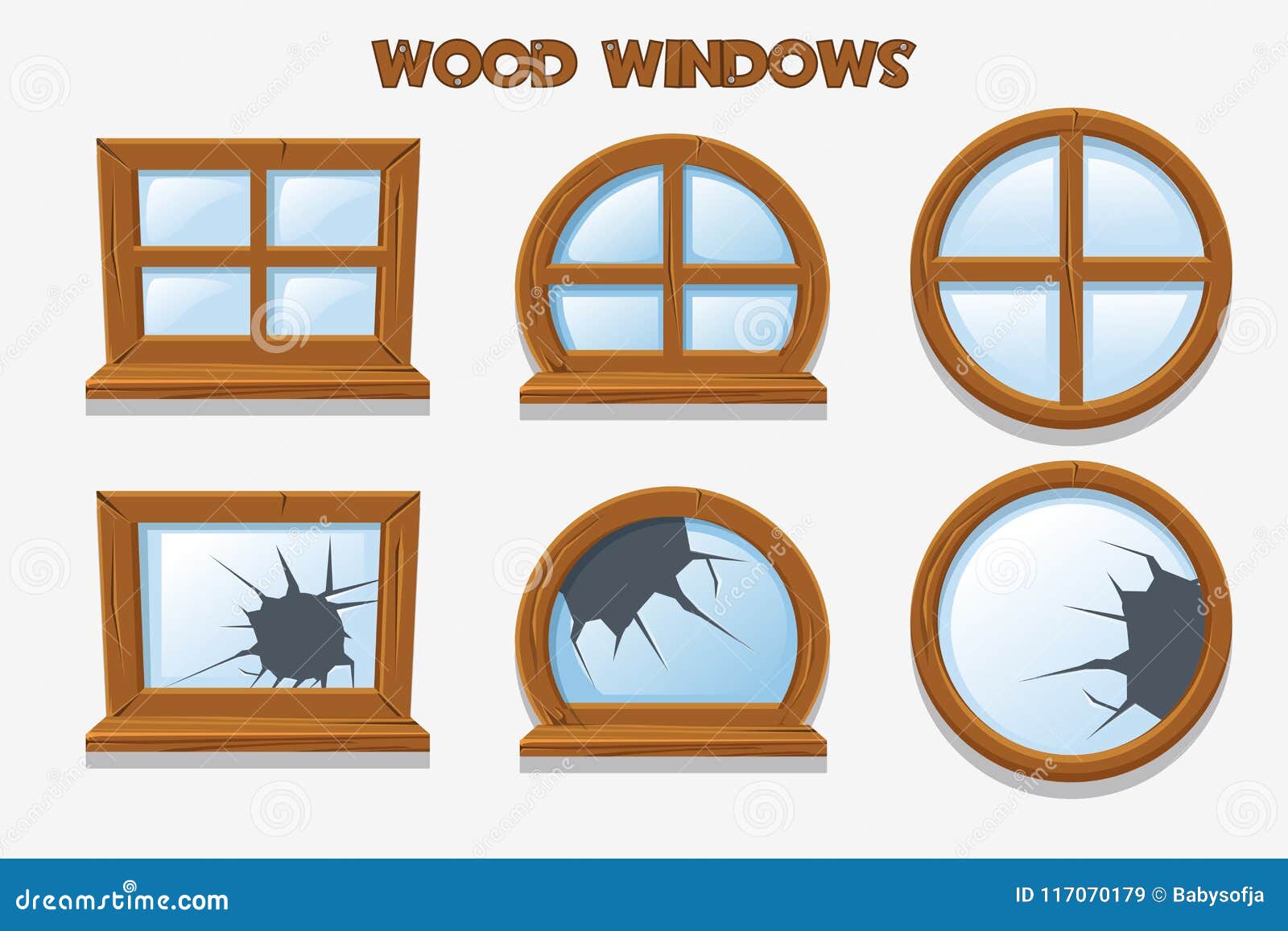 Different Shape and Old Shattered Wood Windows, Cartoon Building ...