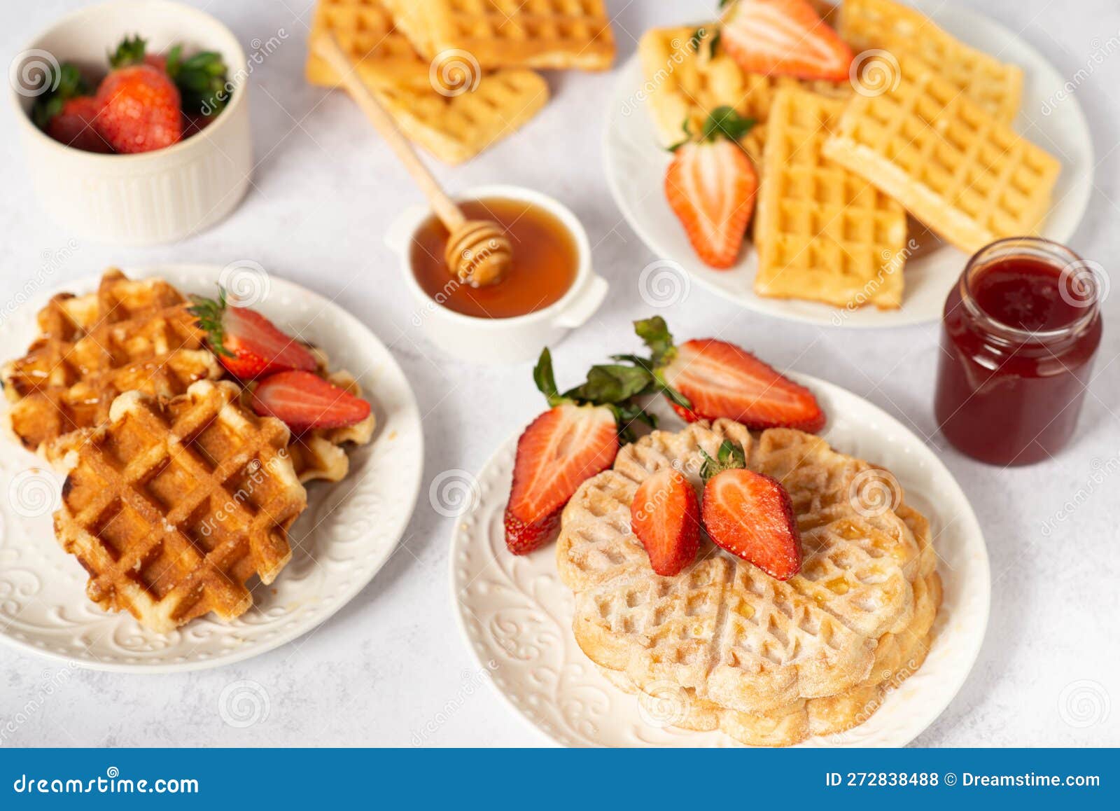 Different Shapes Belgian Waffles with Strawberries Stock Photo - Image ...
