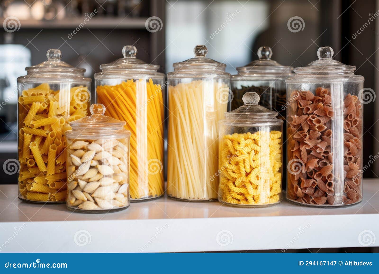 Different Shapes of Pasta in Glass Jars on a Shelf Stock Image - Image ...