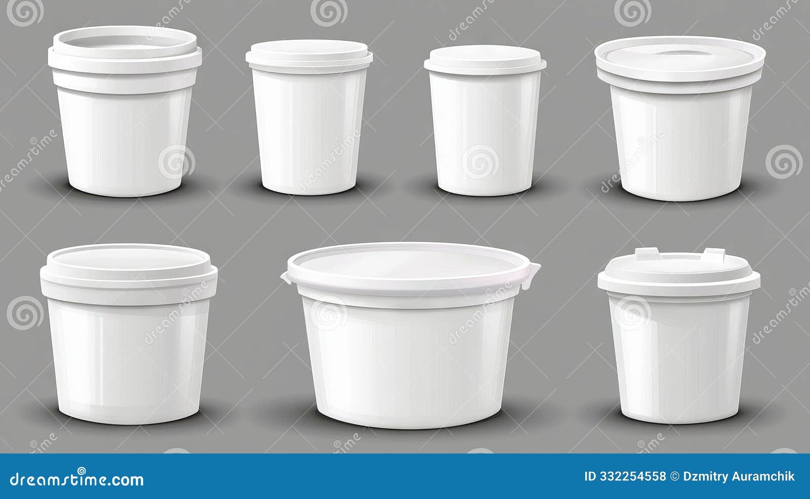Different Shapes of White Plastic Buckets with Lids in 3D. Front View ...