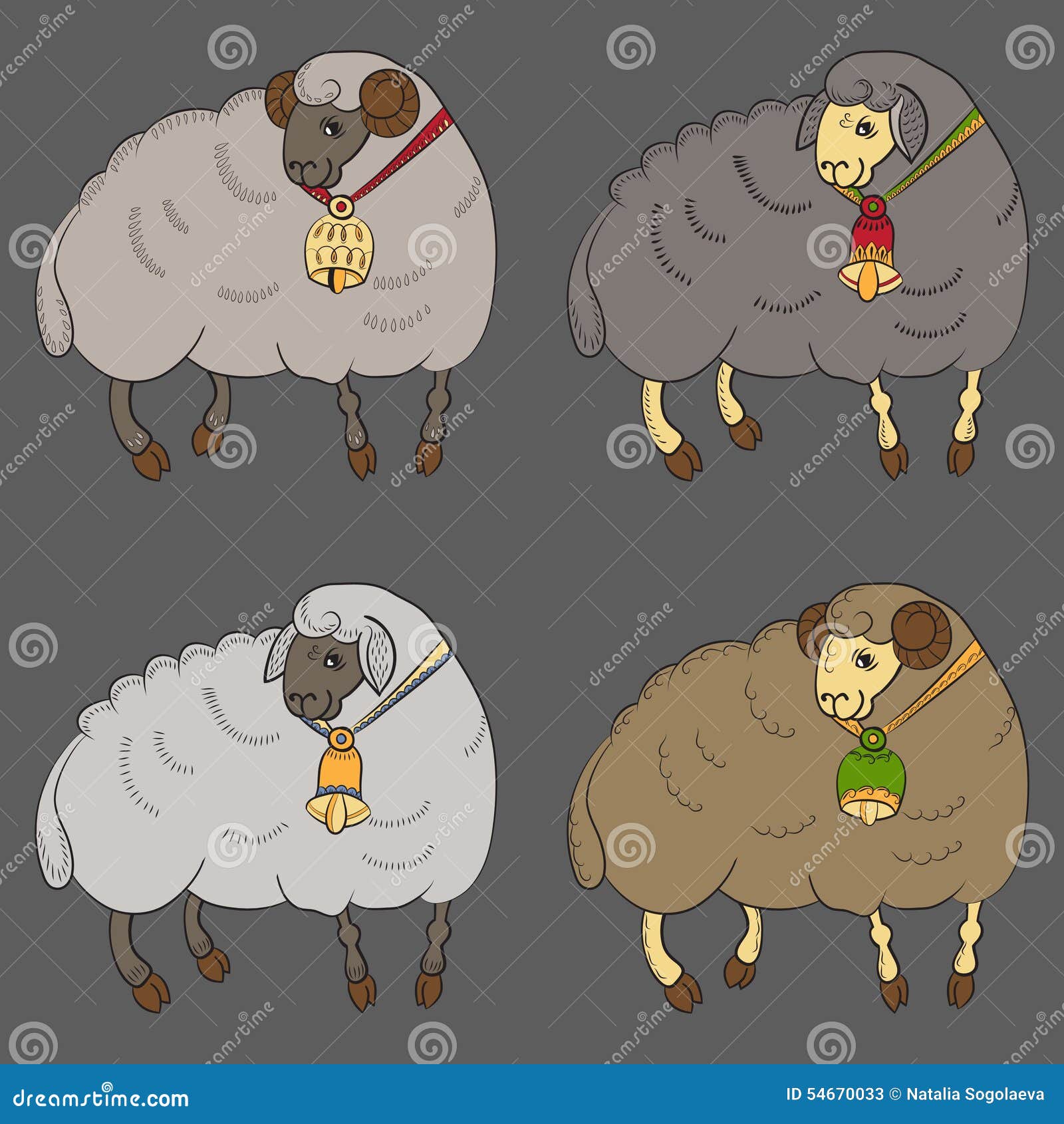 Different Sheep with Bells Collection Stock Vector - Illustration of ...
