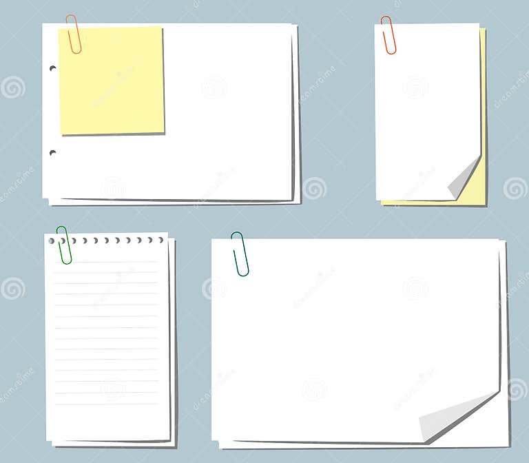 Different Sheets of Note Papers and Paper Clips on Blue Background ...