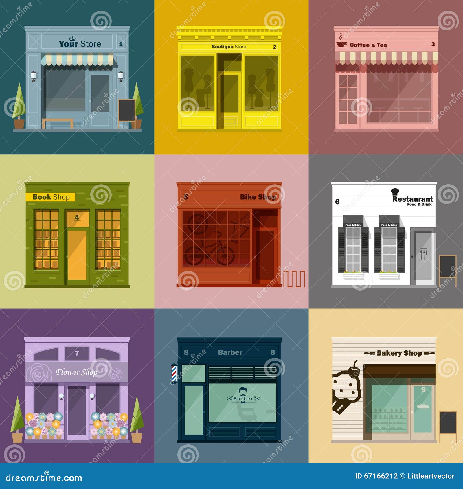Set Of Different Shops In Flat Style - Farm Product, Coffee And Flower ...