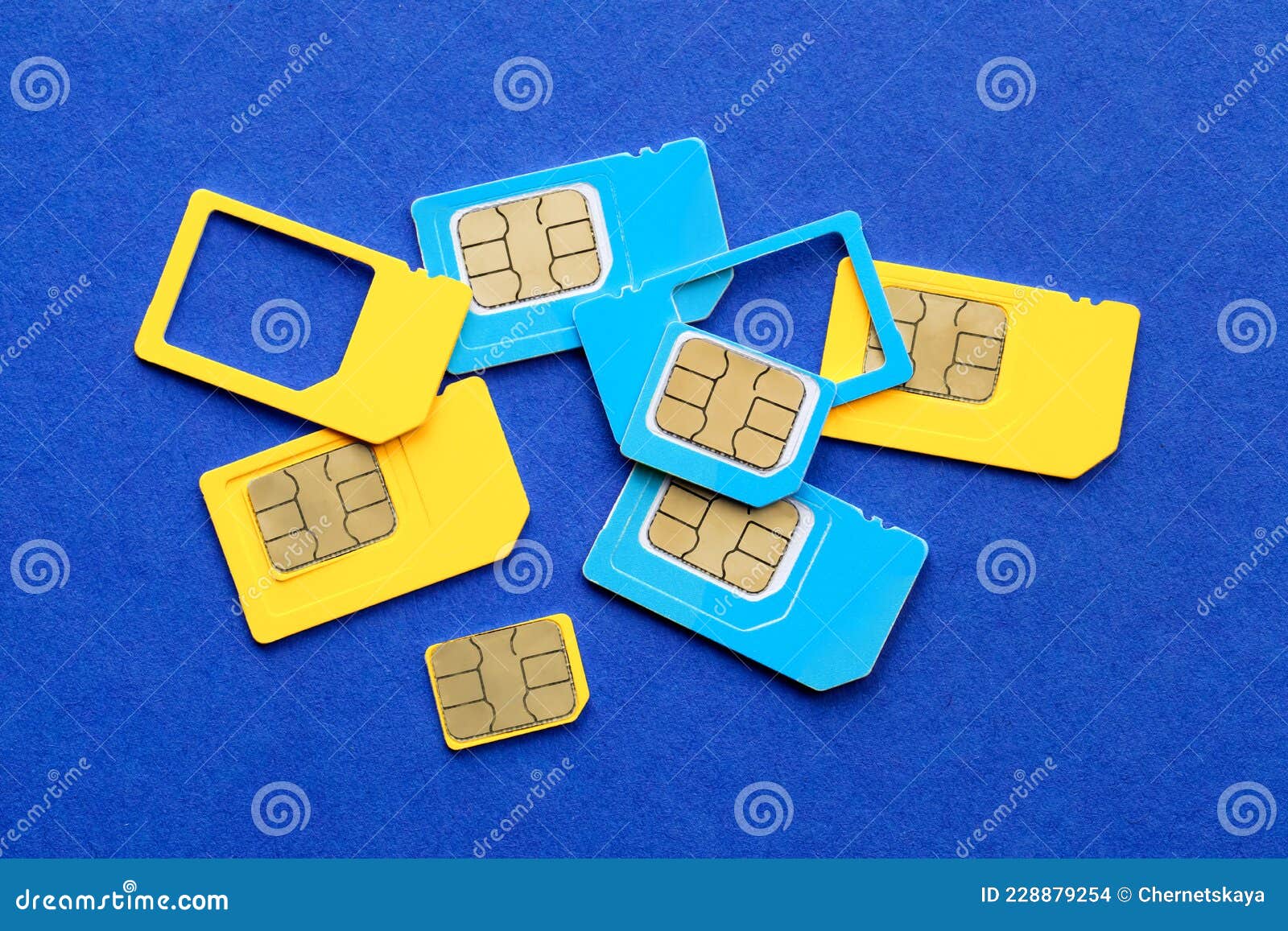 Different SIM Cards on Blue Background, Flat Lay Stock Photo - Image of ...