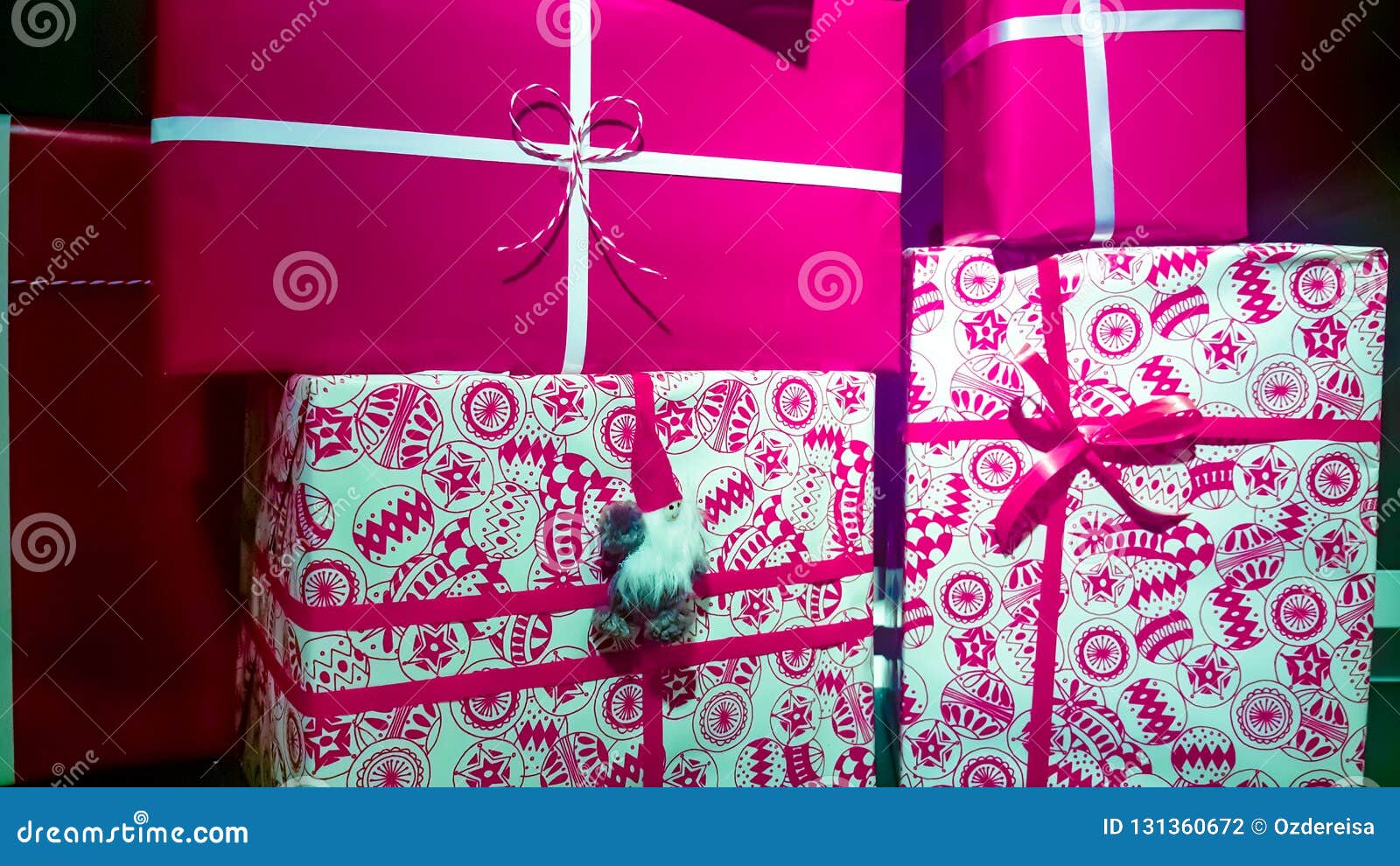 Different Size and Color Decorated Gift Boxes with Ribbons Stock Photo ...