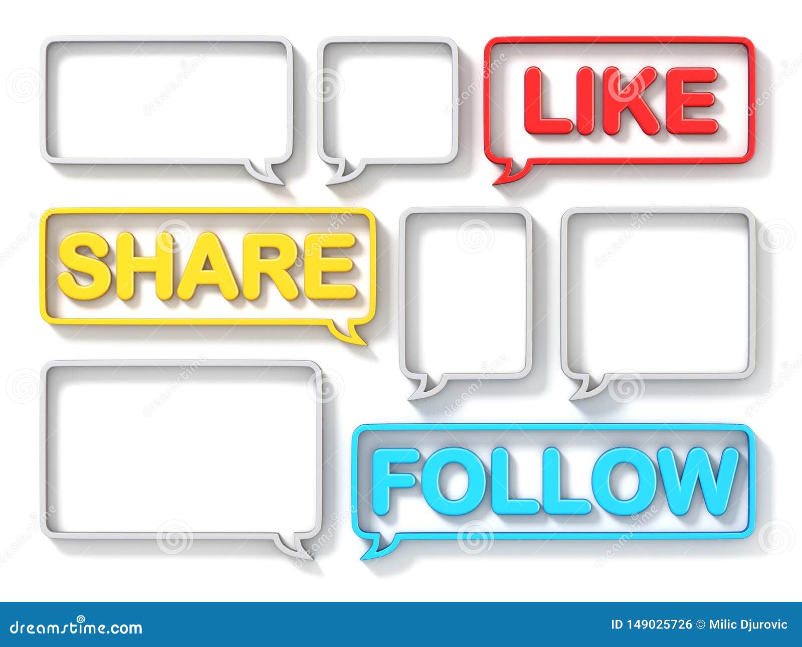 Different Size Speech Bubbles LIKE, SHARE, FOLLOW Concept 3D Stock ...