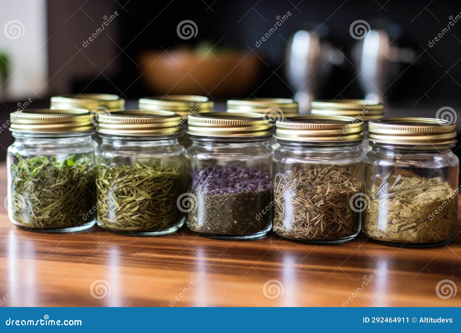 Different Sized Glass Jars Filled with Dried Herbal Blends Stock Image ...