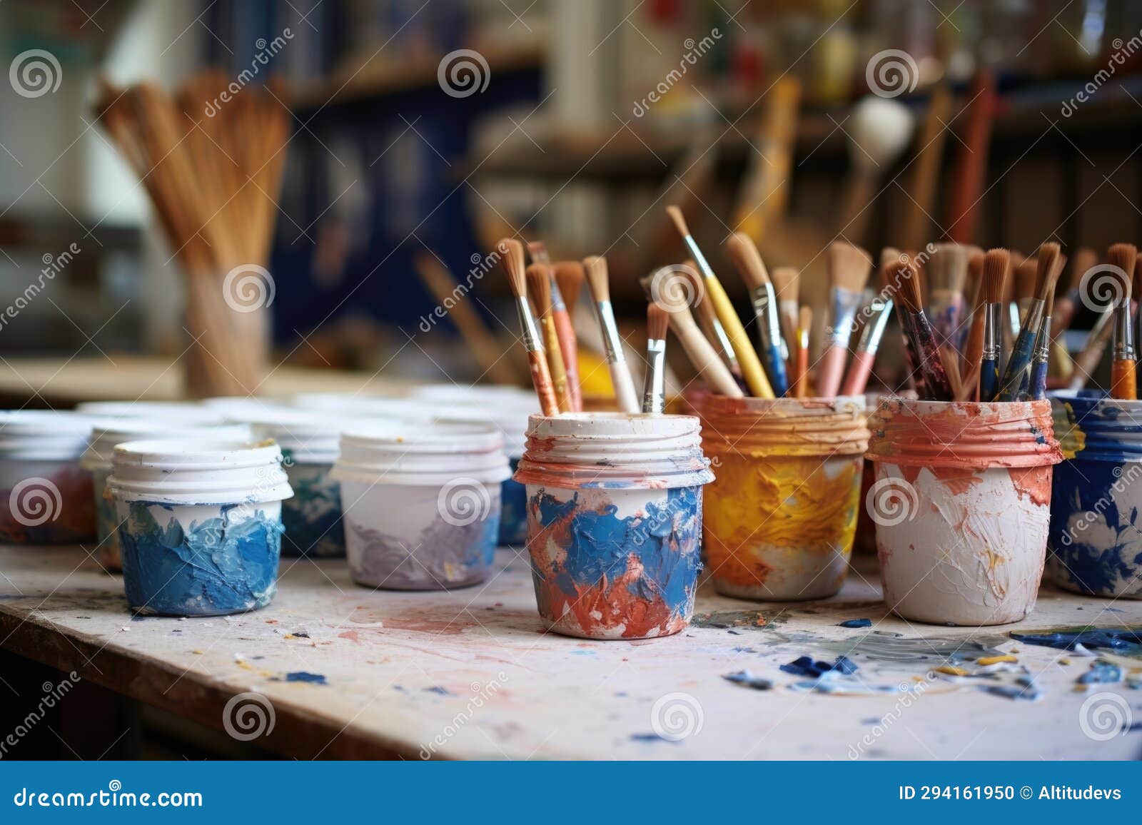 Different-sized Paint Brushes on a Painters Table Stock Photo - Image ...