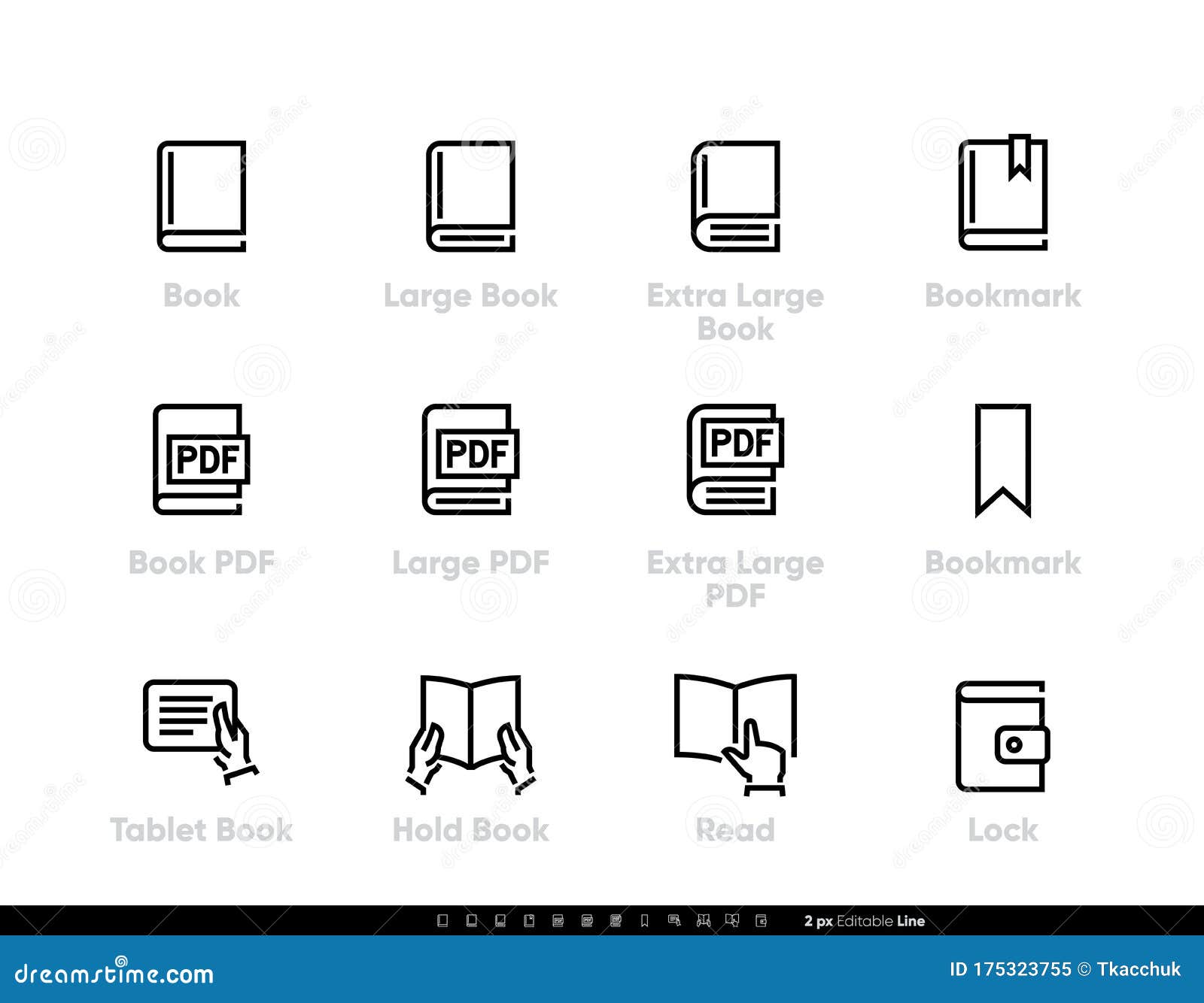 Different Sizes Books Icons. PDF Documents, Bookmark, Book in Hand ...