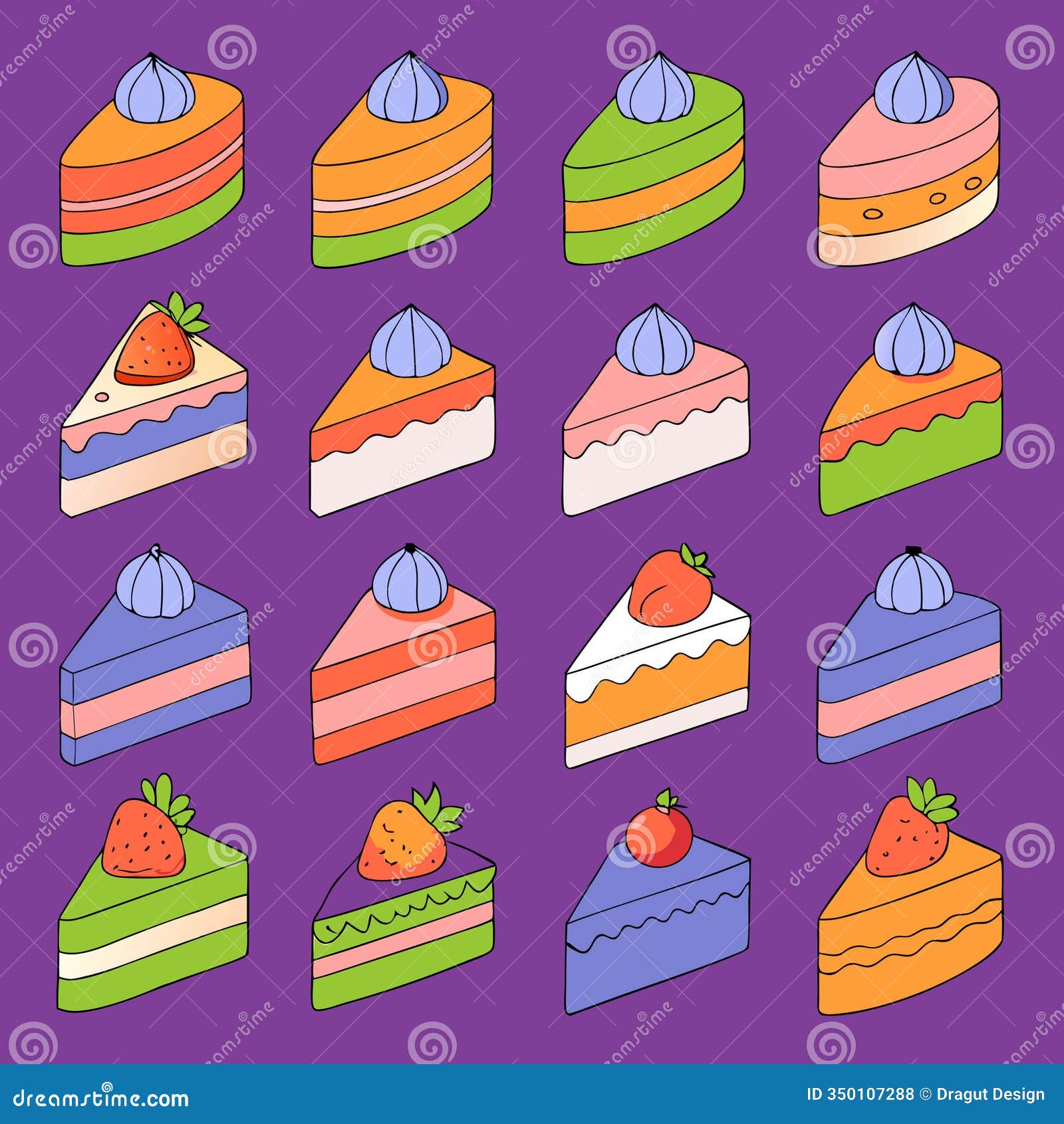 16 Different Slice Cakes Set Stock Illustration - Illustration of ...