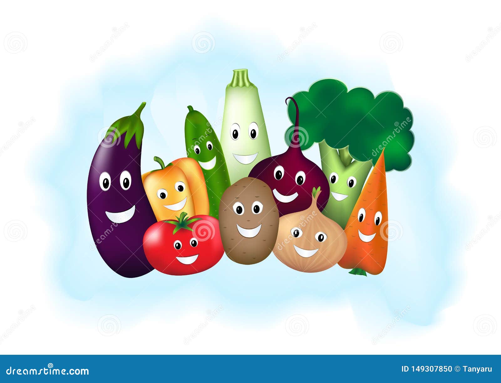 Different Smiling Vegetables on Light Blue Background, Horizontal ...