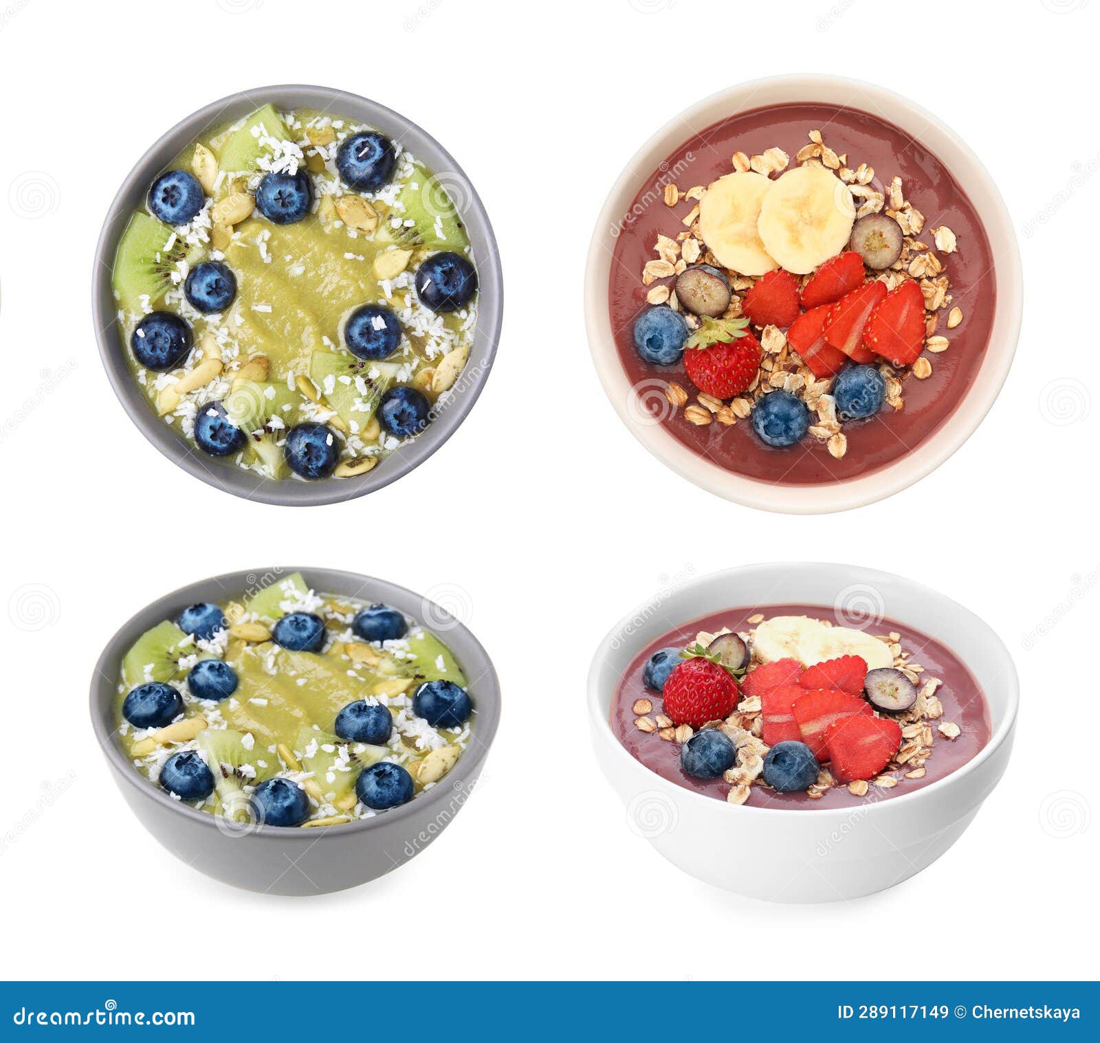 Different Smoothie Bowls Isolated on White, Collage with Side and Top ...