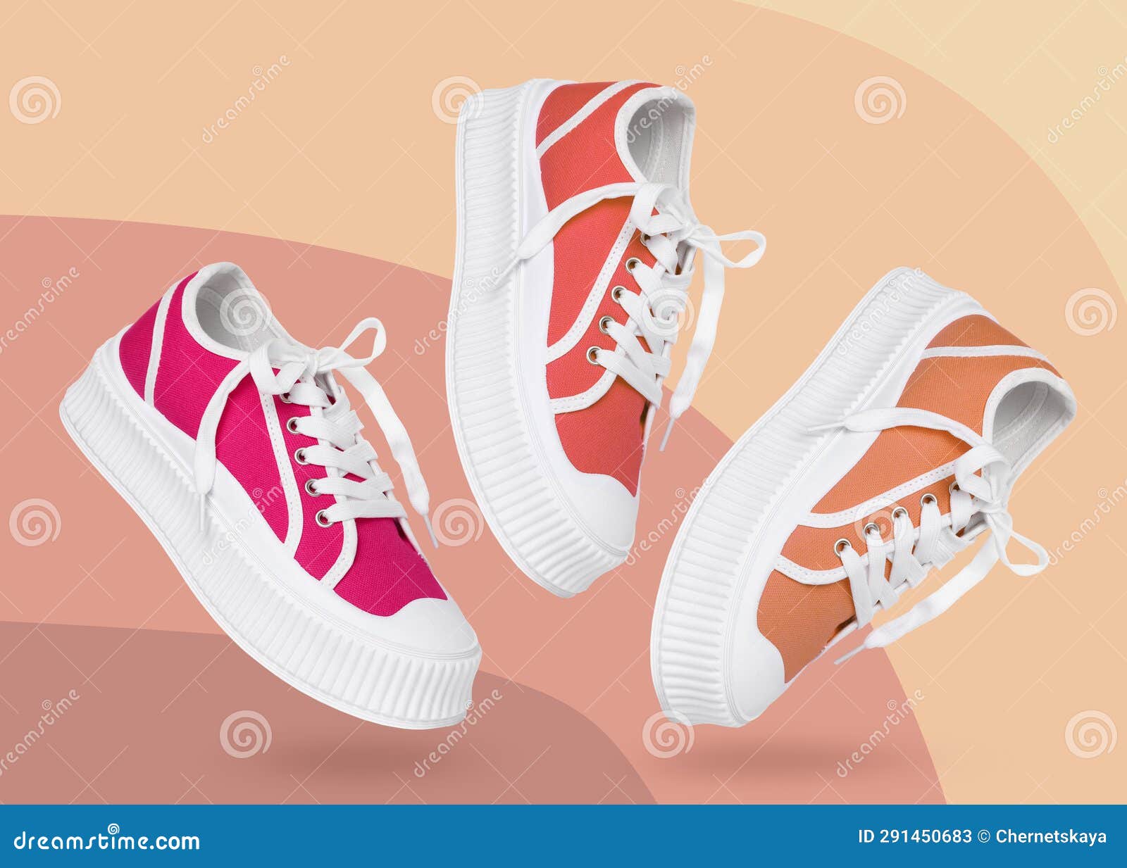 Different Sneakers in Air on Color Background Stock Image - Image of ...