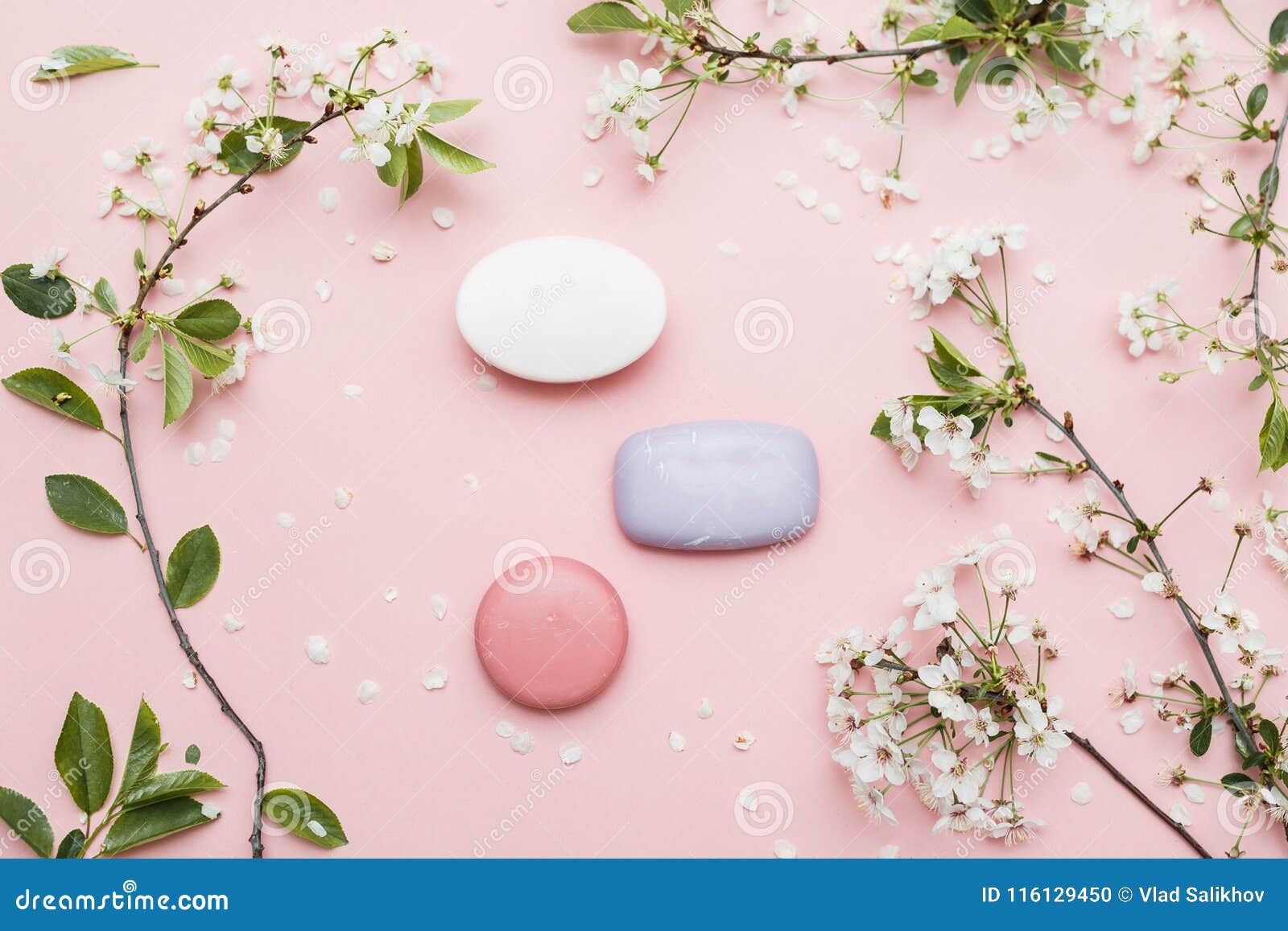 Different Soaps Bar on Pink with Spring Flowers Stock Photo - Image of ...