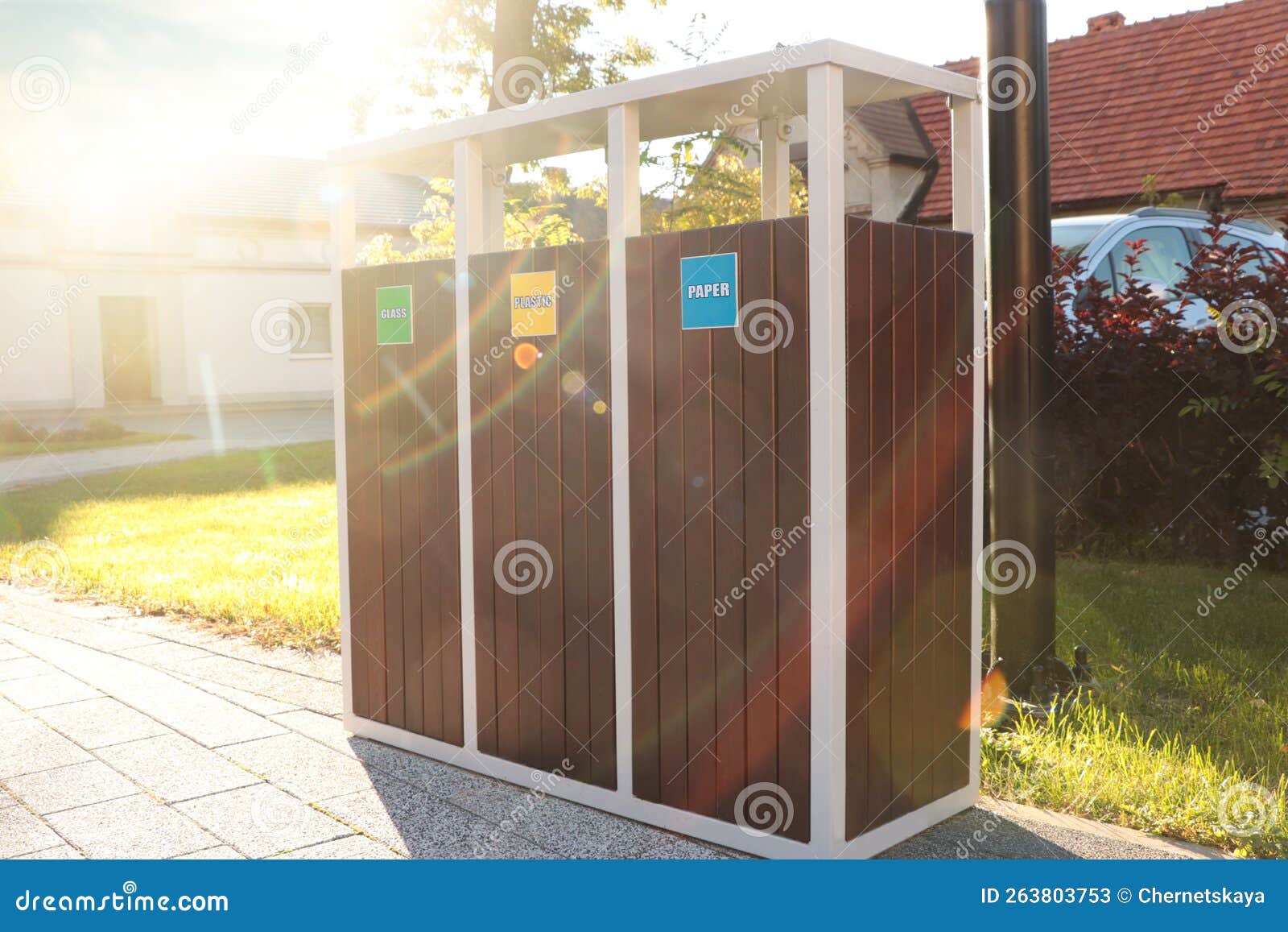 Different Sorting Bins for Waste Recycling on Sunny Day Outdoors Stock ...
