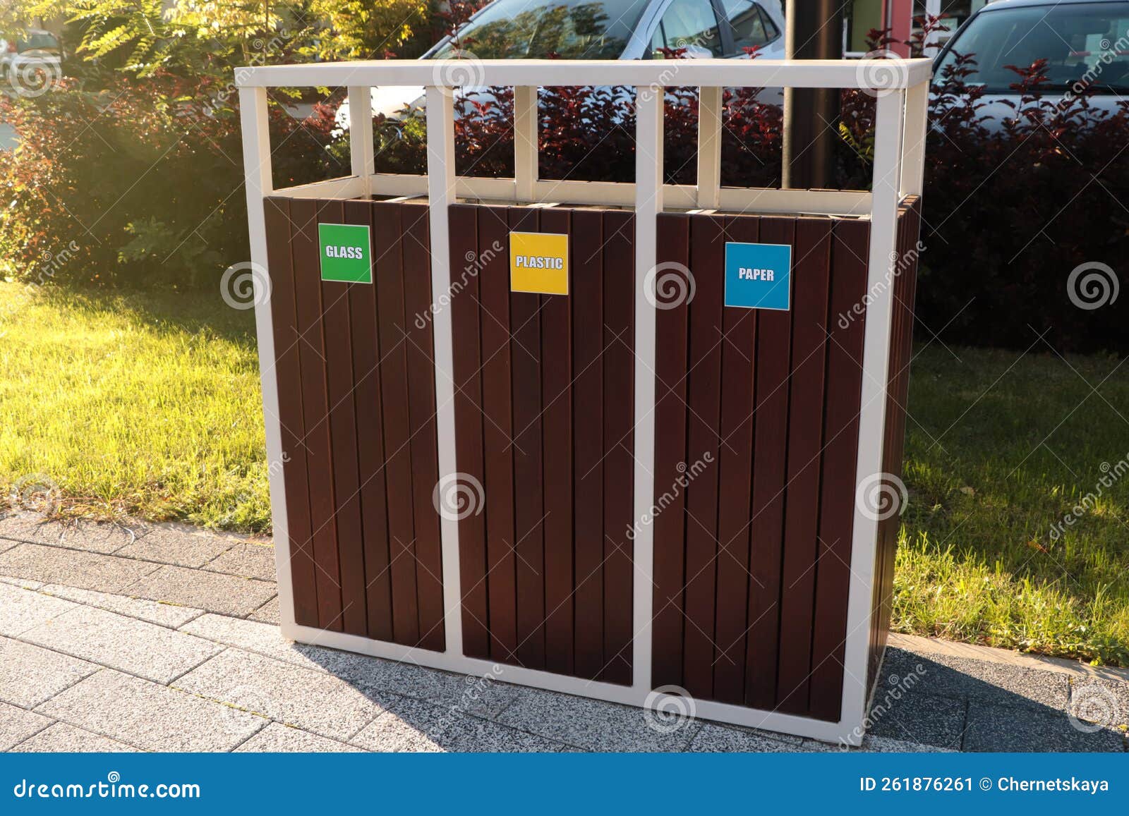 Different Sorting Bins for Waste Recycling on Sunny Day Outdoors Stock ...