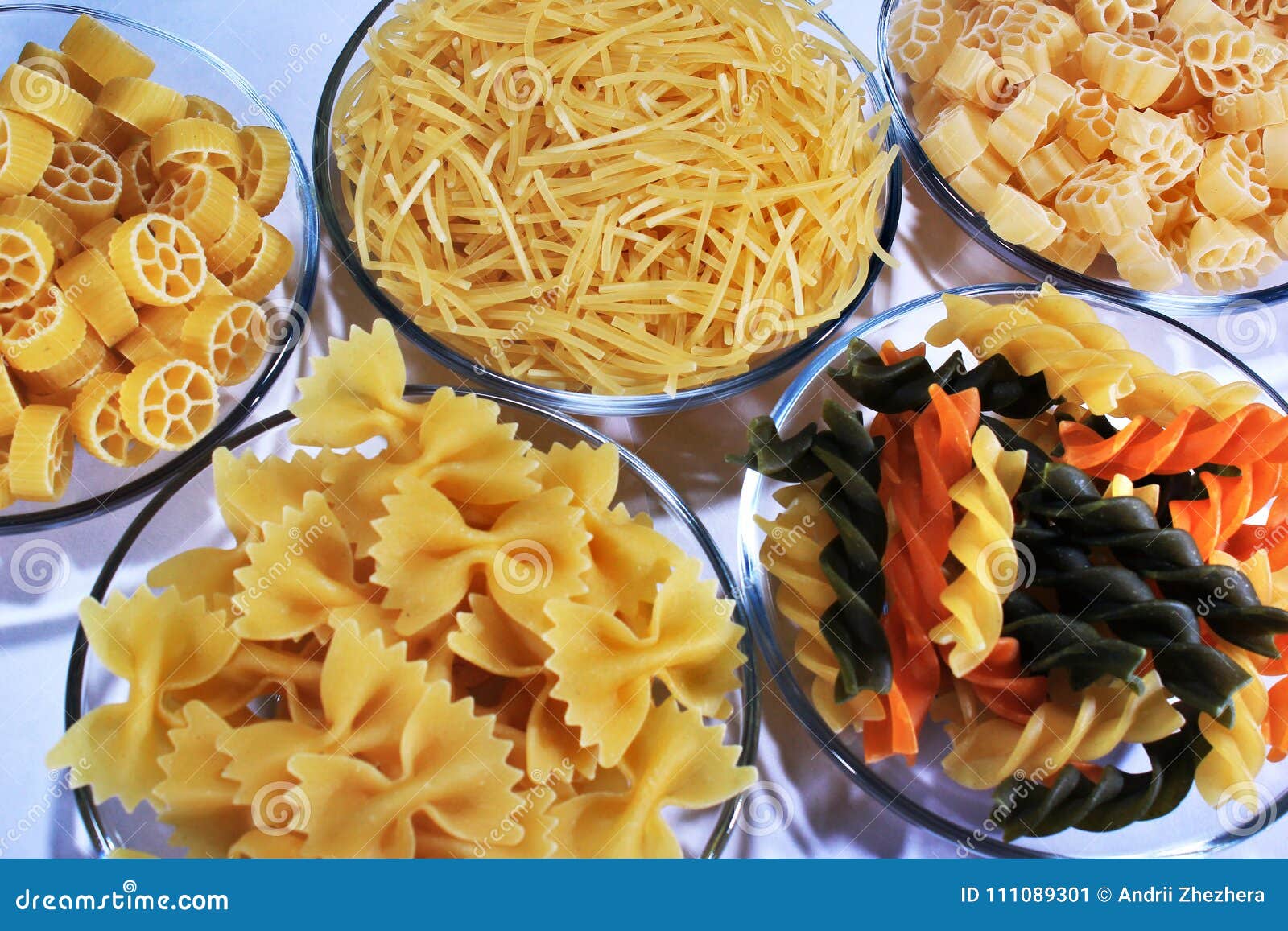 Different Sorts of Pasta in Glass Bowls Stock Image - Image of ...
