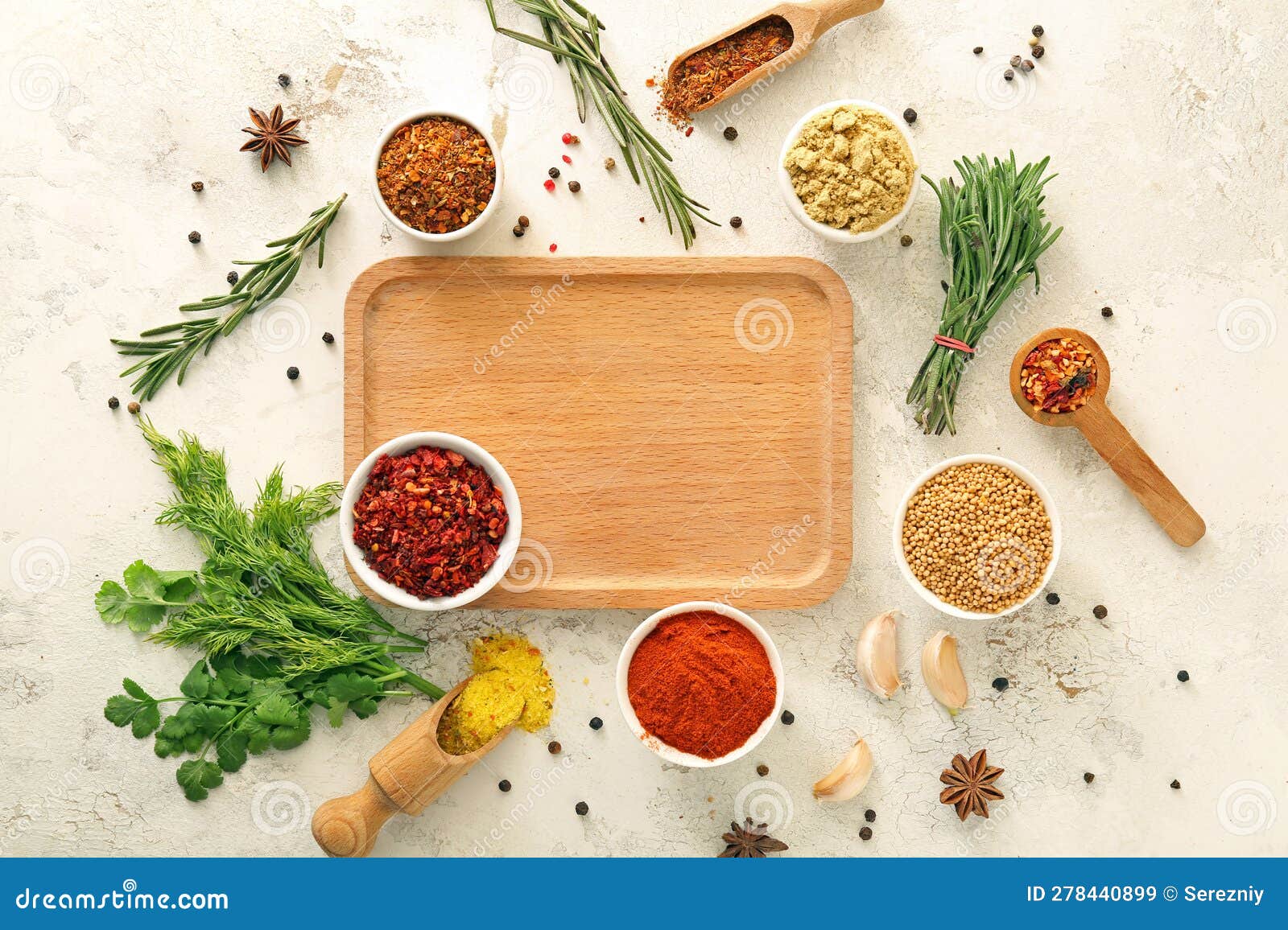 Different Spices with Board on White Background Stock Image - Image of ...
