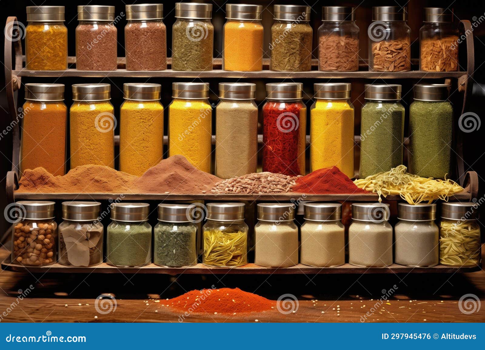 Different Spices in Containers on a Kitchen Rack Stock Photo - Image of ...