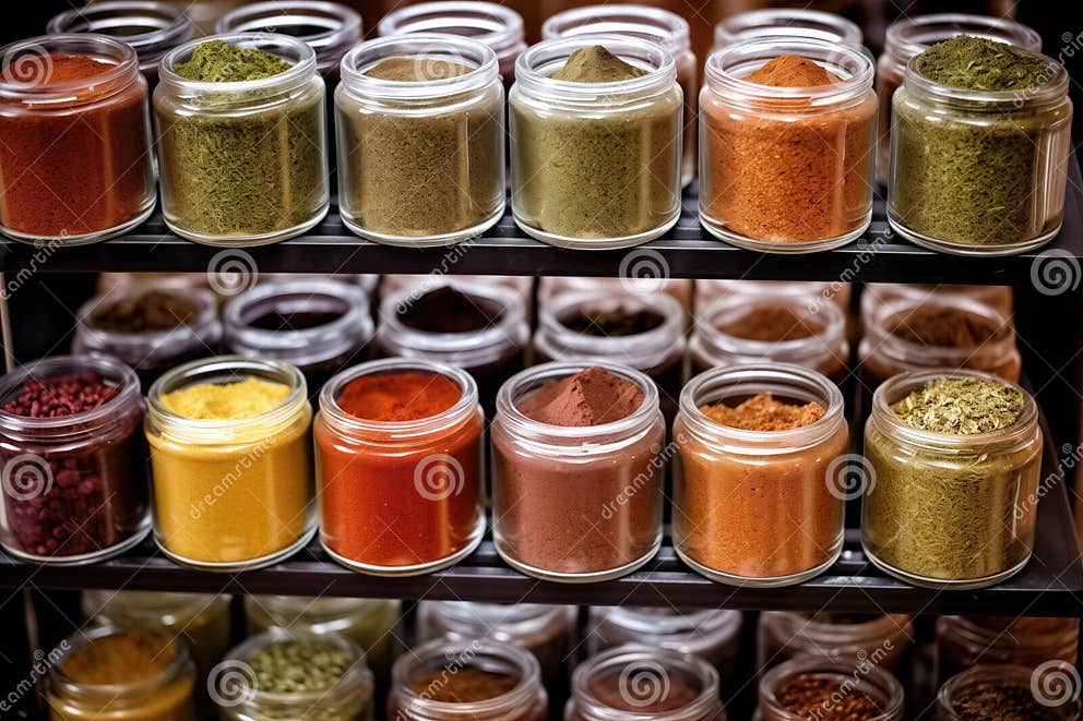 Different Spices in Containers on a Kitchen Rack Stock Image - Image of ...