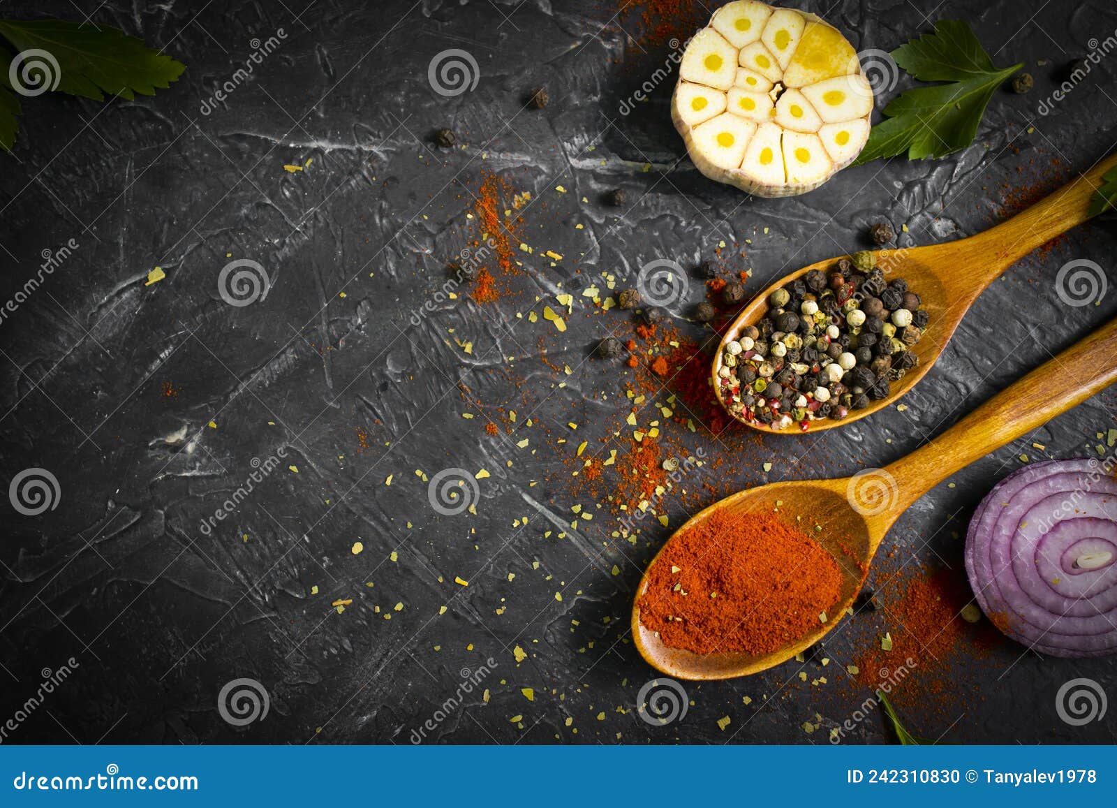 Different Spices on a Dark Background Ingredient Stock Photo - Image of ...
