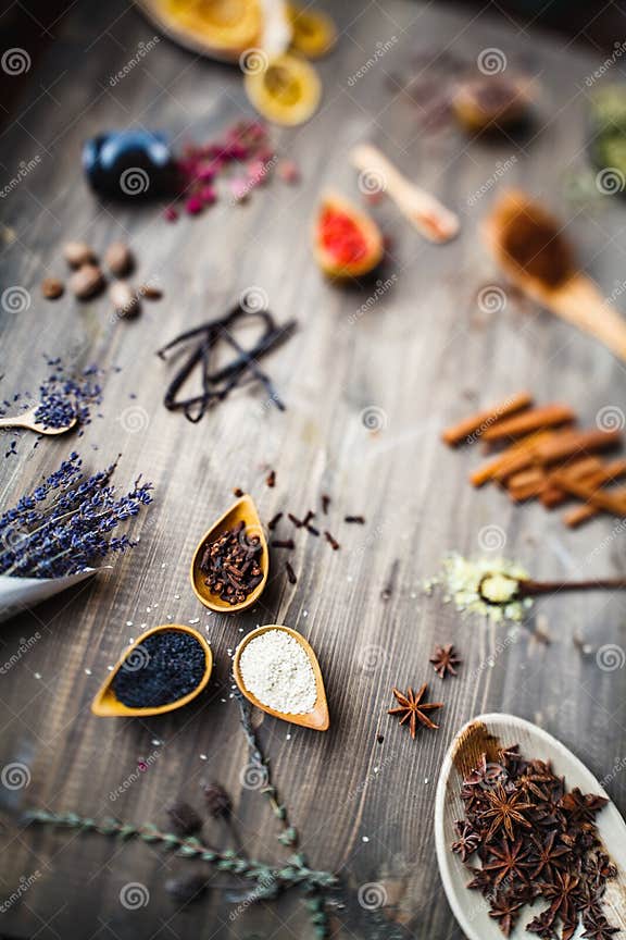 Different Spices, Herbs and Roots View from the Top Stock Image - Image ...