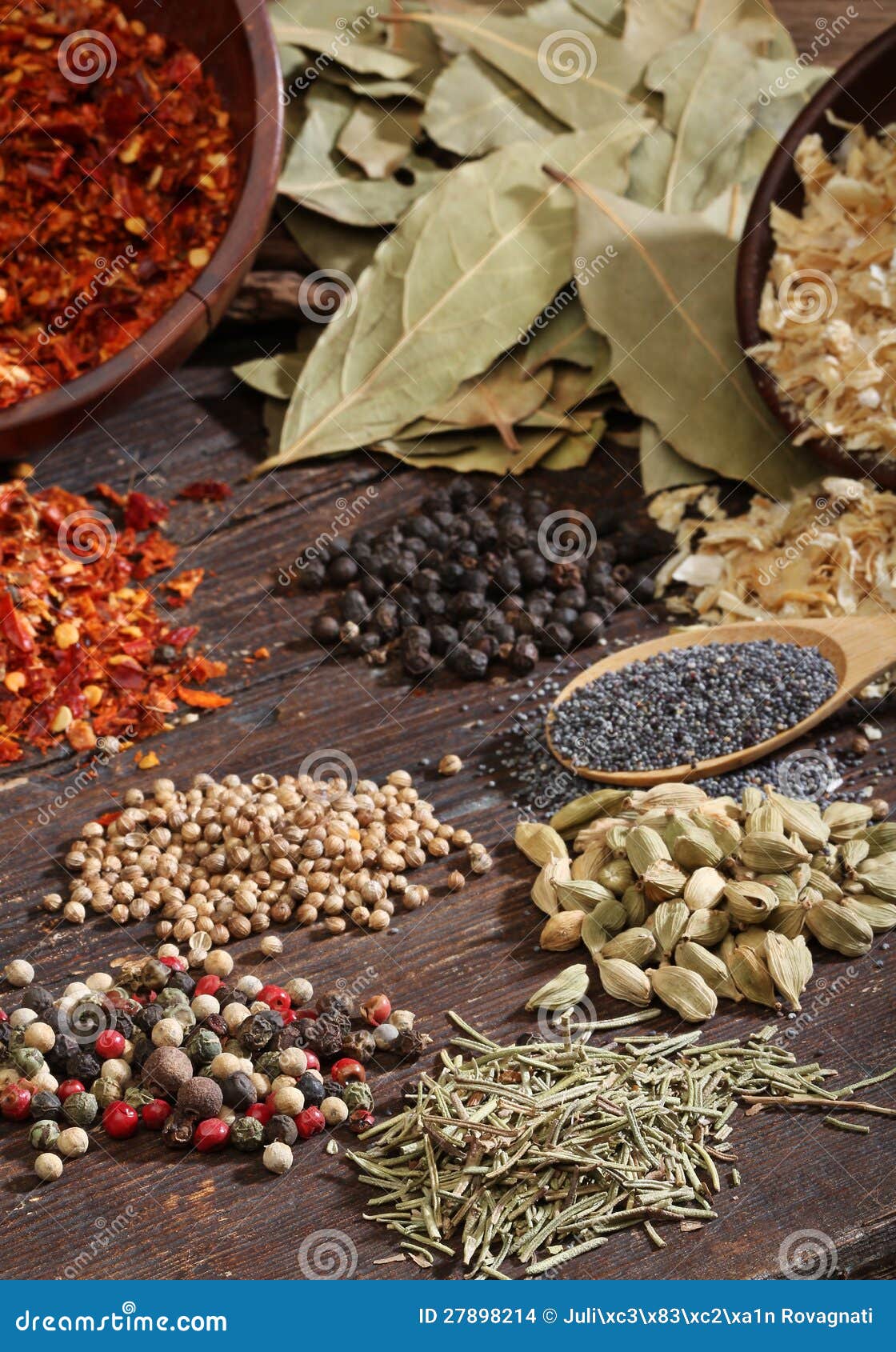 Different Spices Over a Dark Wood. Stock Photo - Image of pepper, seeds ...
