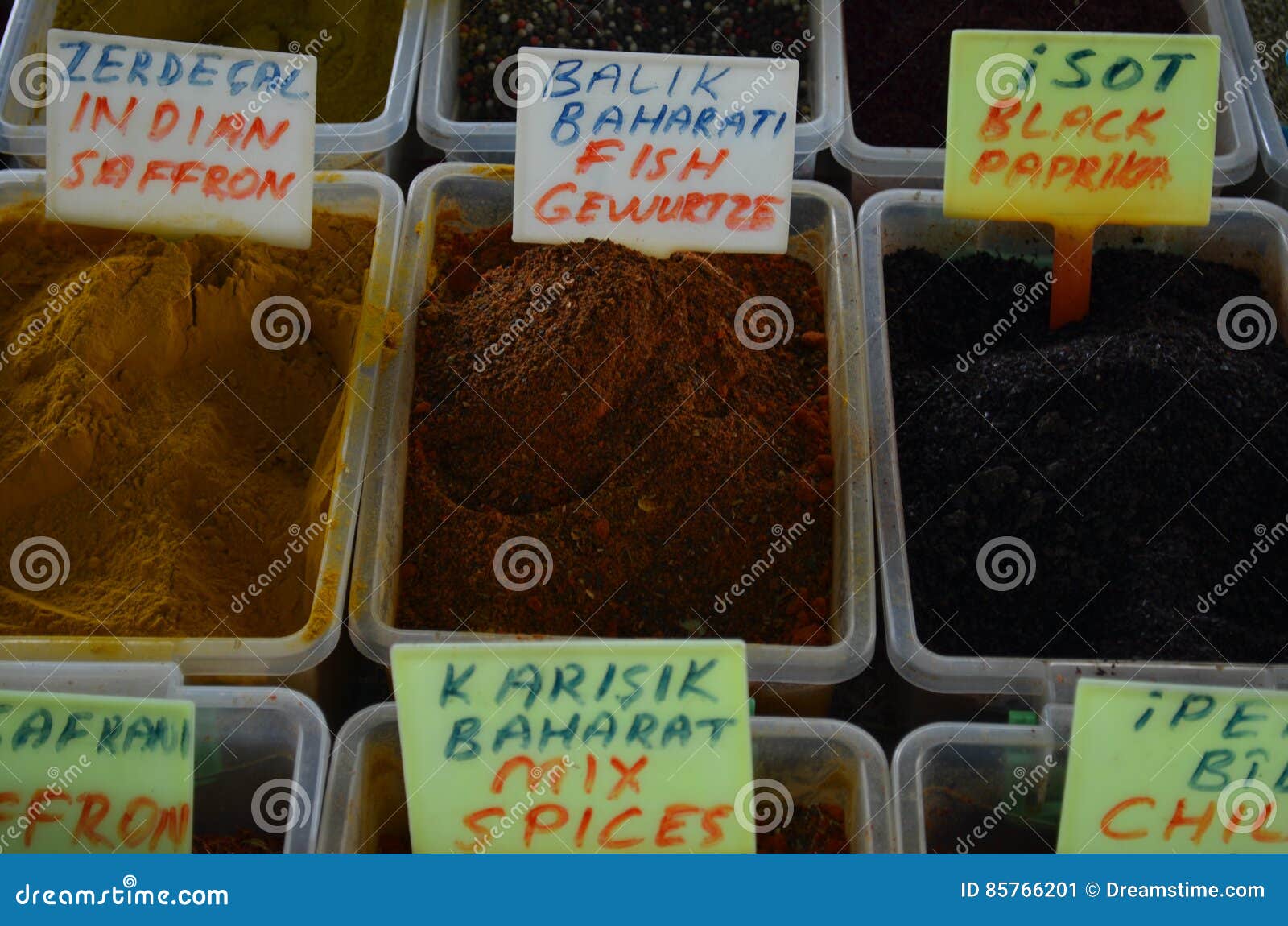 Different Spices in Plastic Boxes in Bazaar Turkey Antalya Stock Image ...