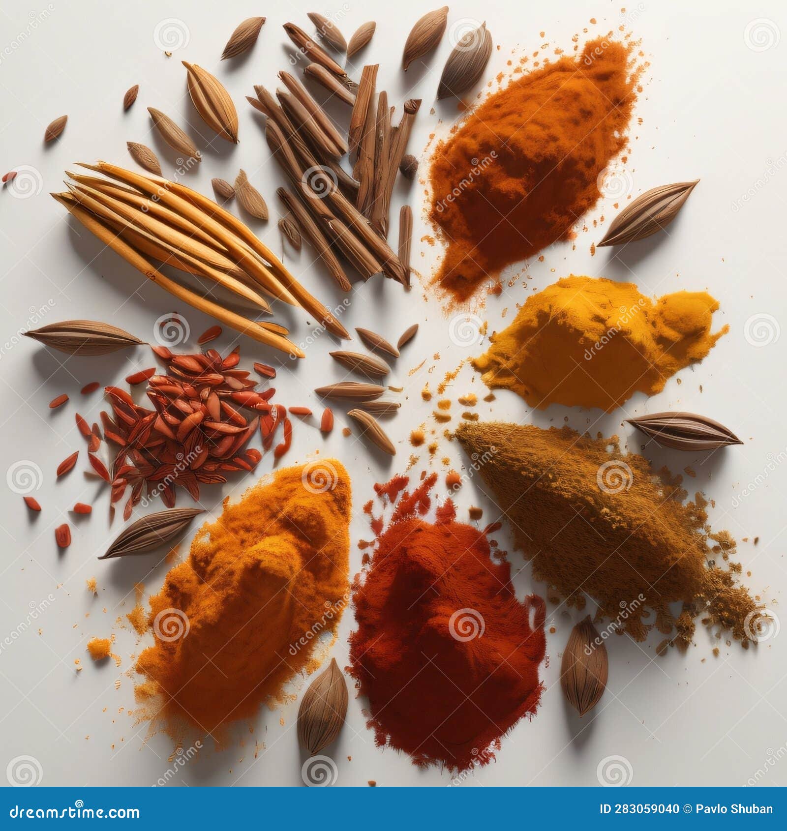 Different Spices Scattered on a Light Background Stock Illustration ...