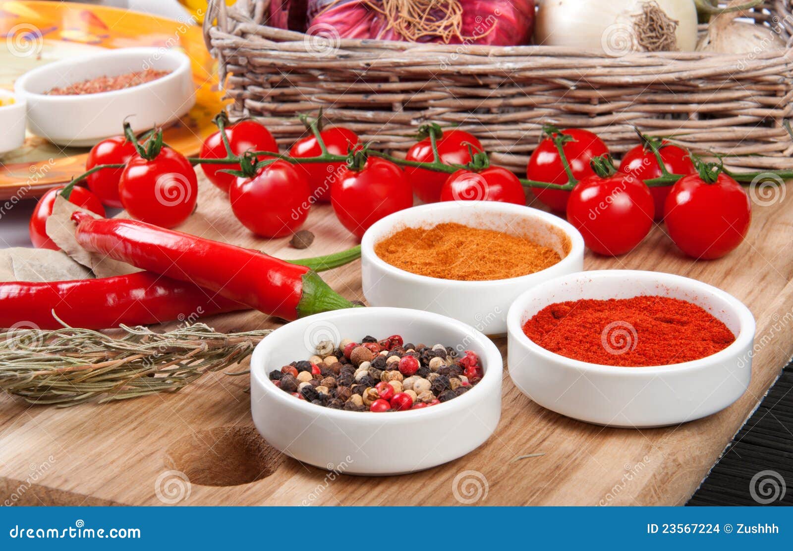 Different Spices on a Wooden Table Stock Photo - Image of chilli ...