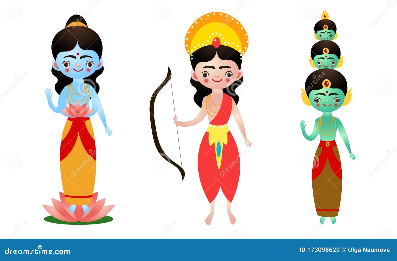 Different Standing Hindu Deities with Human Faces Vector Illustration ...