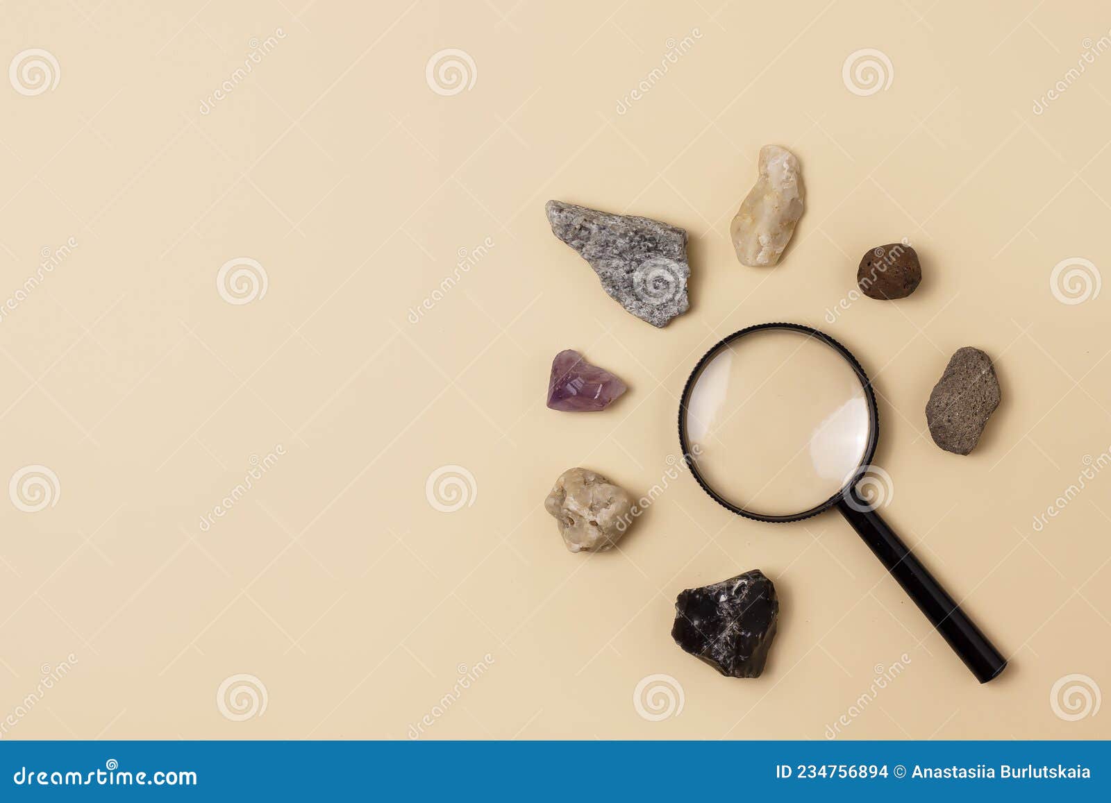 Different Stones, Precious And Rocks On A Beige Background. Gemological ...