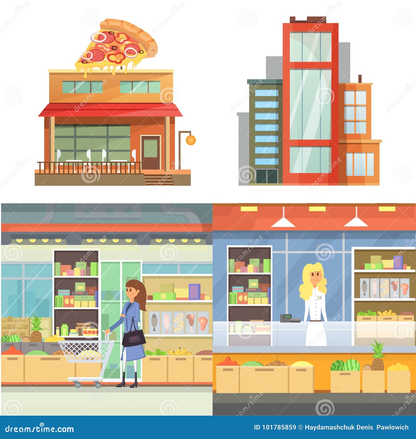 Different Stores Buildings. Supermarket Set Flat Isolated Vector ...