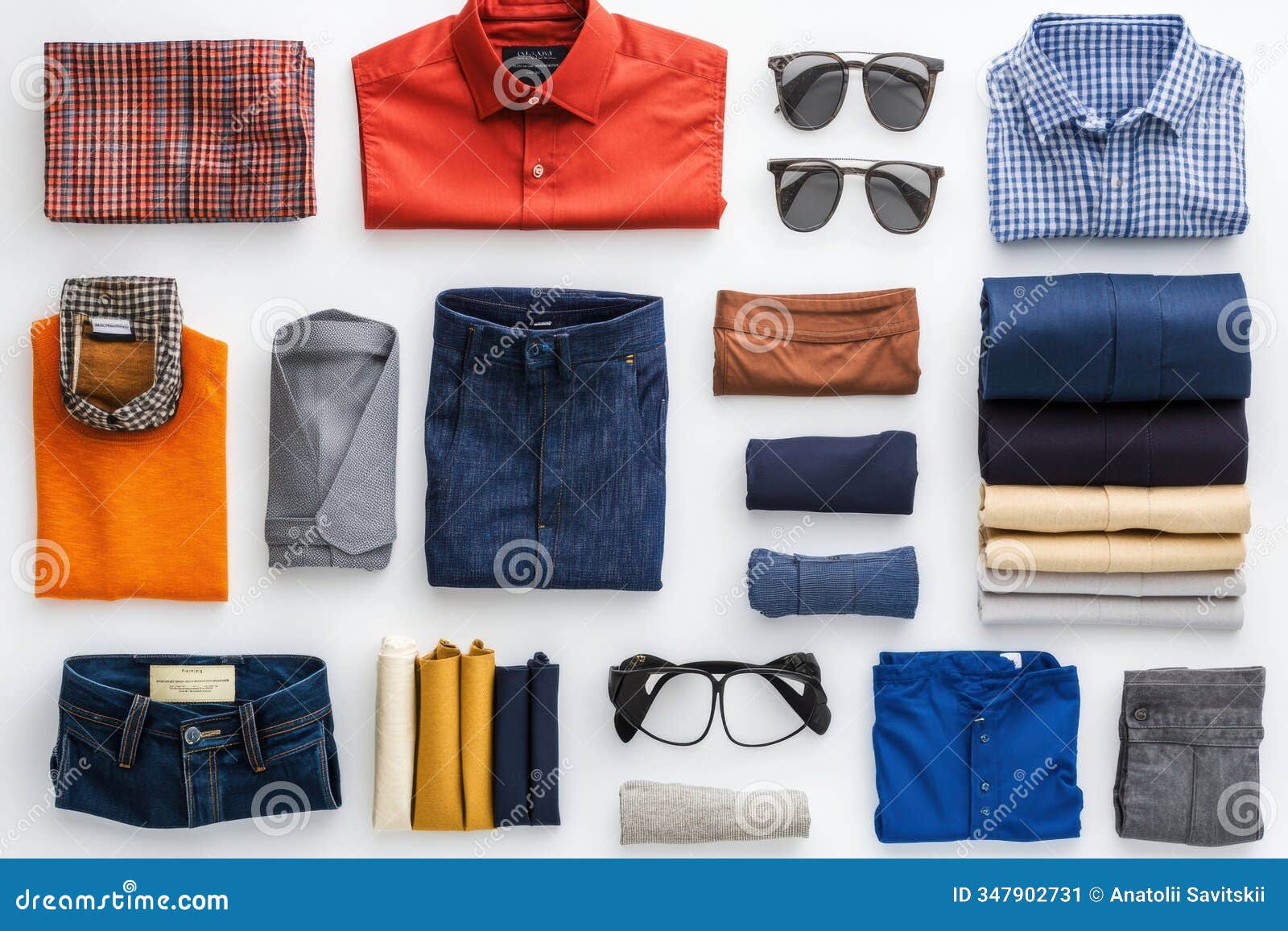 Different Styles of Shirts, Pants, and Accessories Displayed on a Plain ...