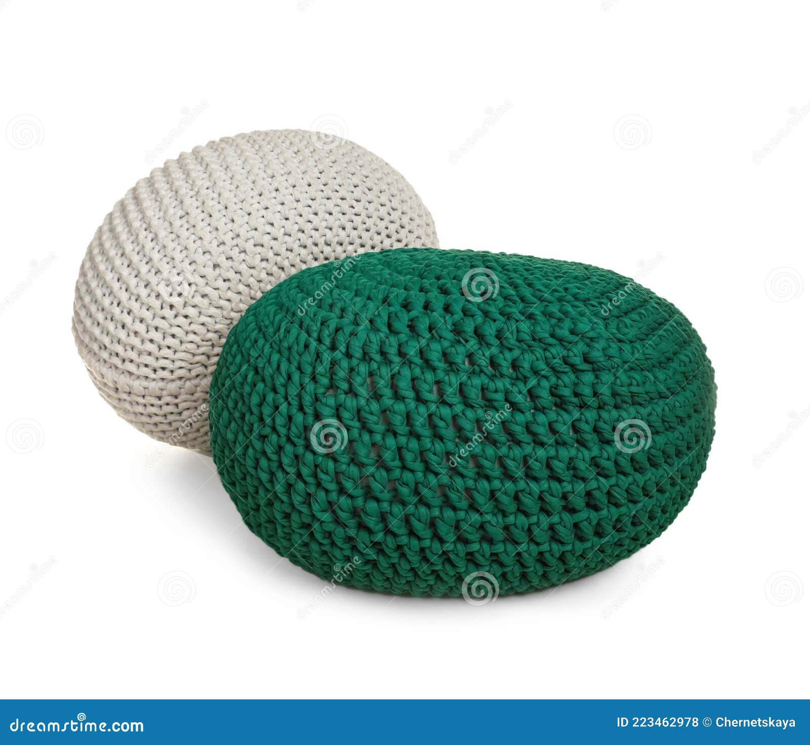 Different Stylish Knitted Poufs on White Background Stock Photo - Image ...