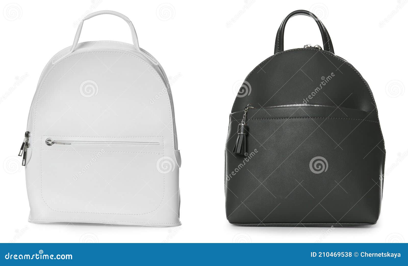 Different Stylish Leather Backpacks on White Background Stock Photo ...