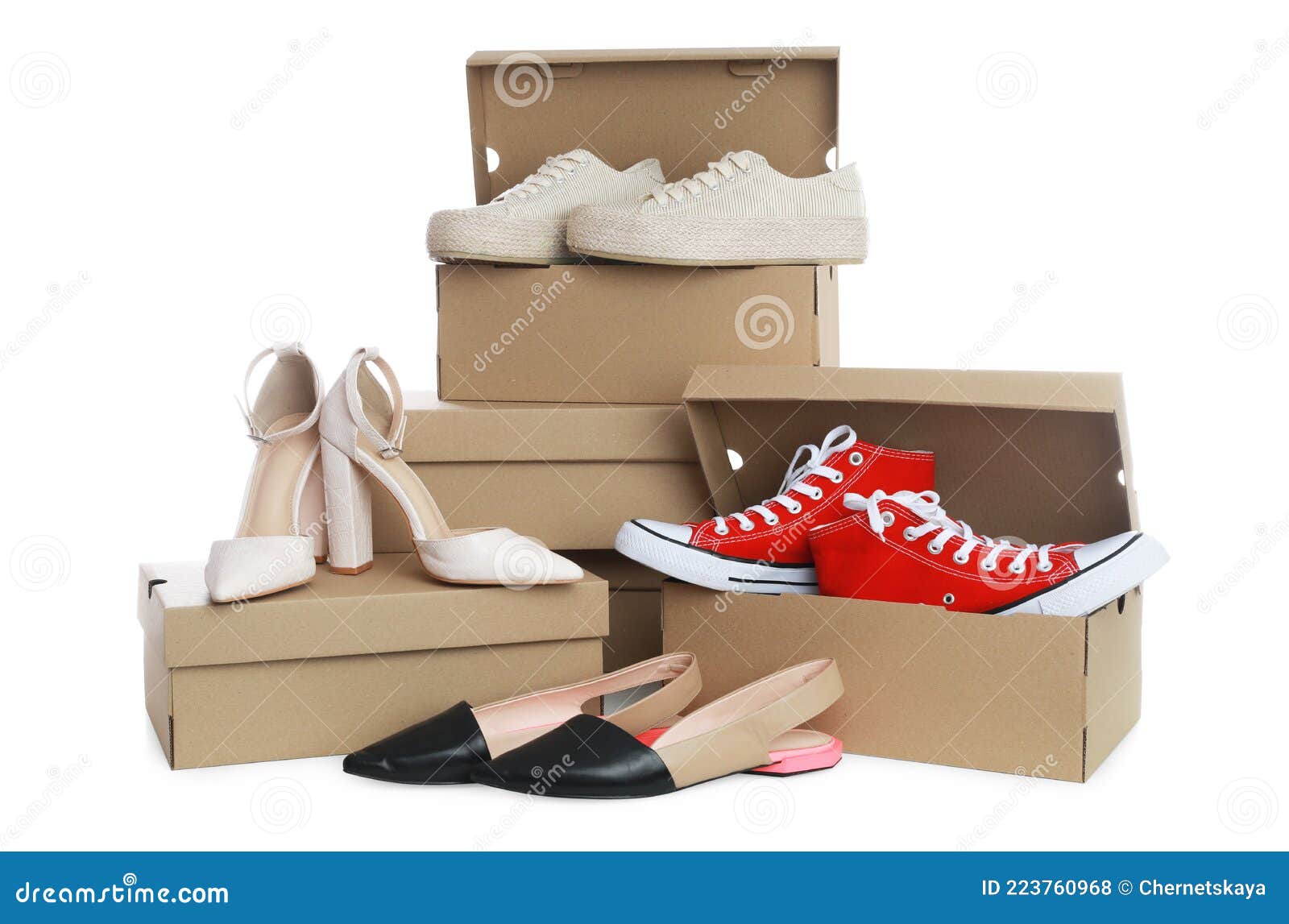 Different Stylish Shoes and Cardboard Boxes on White Background Stock ...