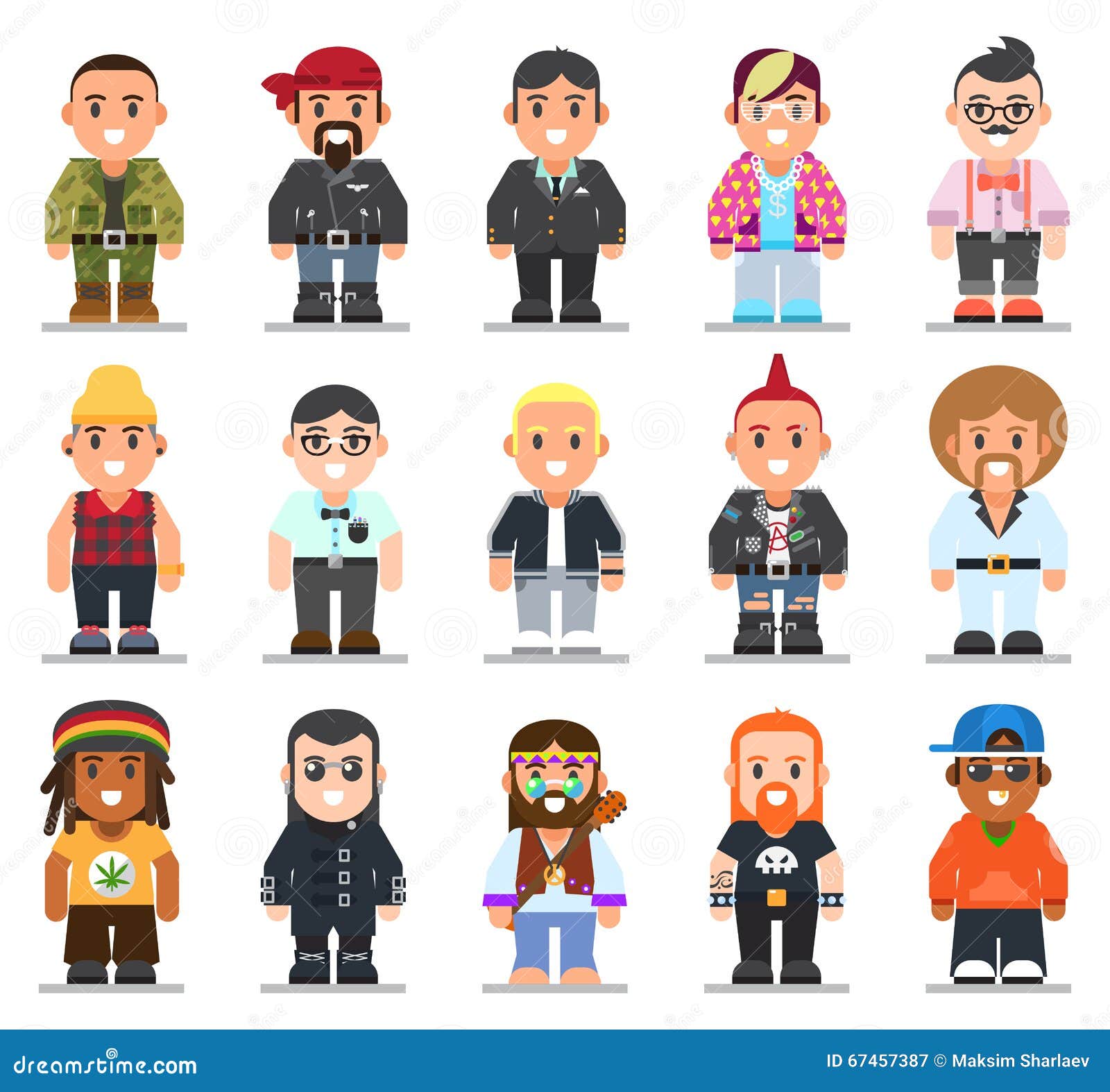 Men Of Different Subcultures Set, Male Rapper, Biker, Punk Characters ...