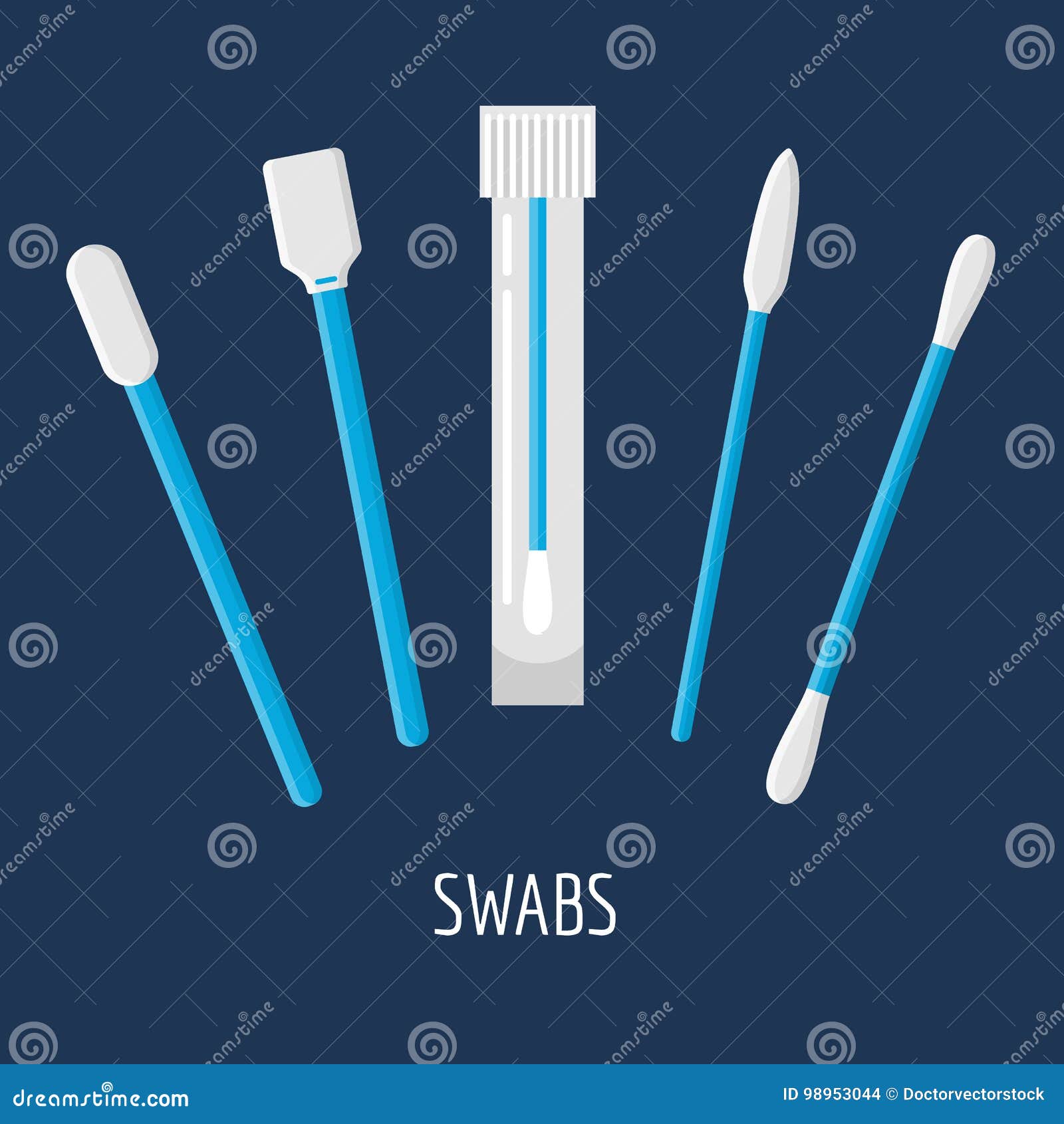 Different Swabs, Ear Stick in Flat Style on Blue Background. Medical ...