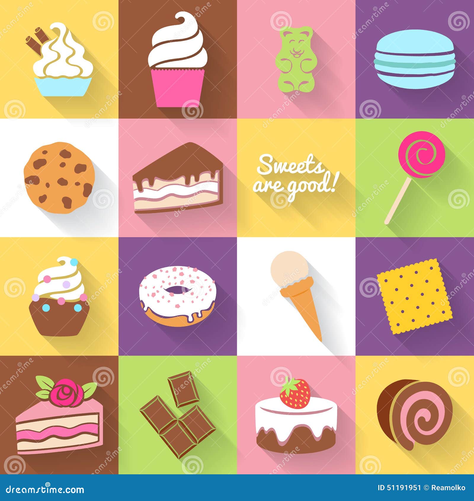Different Sweets Icons Set in Flat Style. Stock Vector - Illustration ...