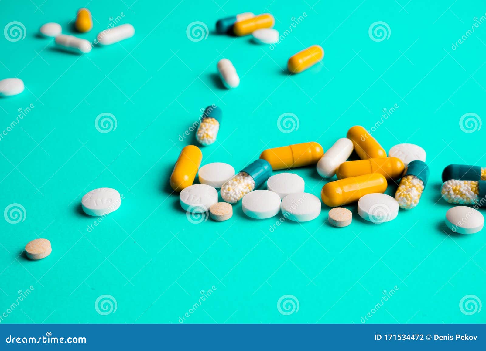 Different Tablets, Pills, Medications Drugs on Turquoise Background ...