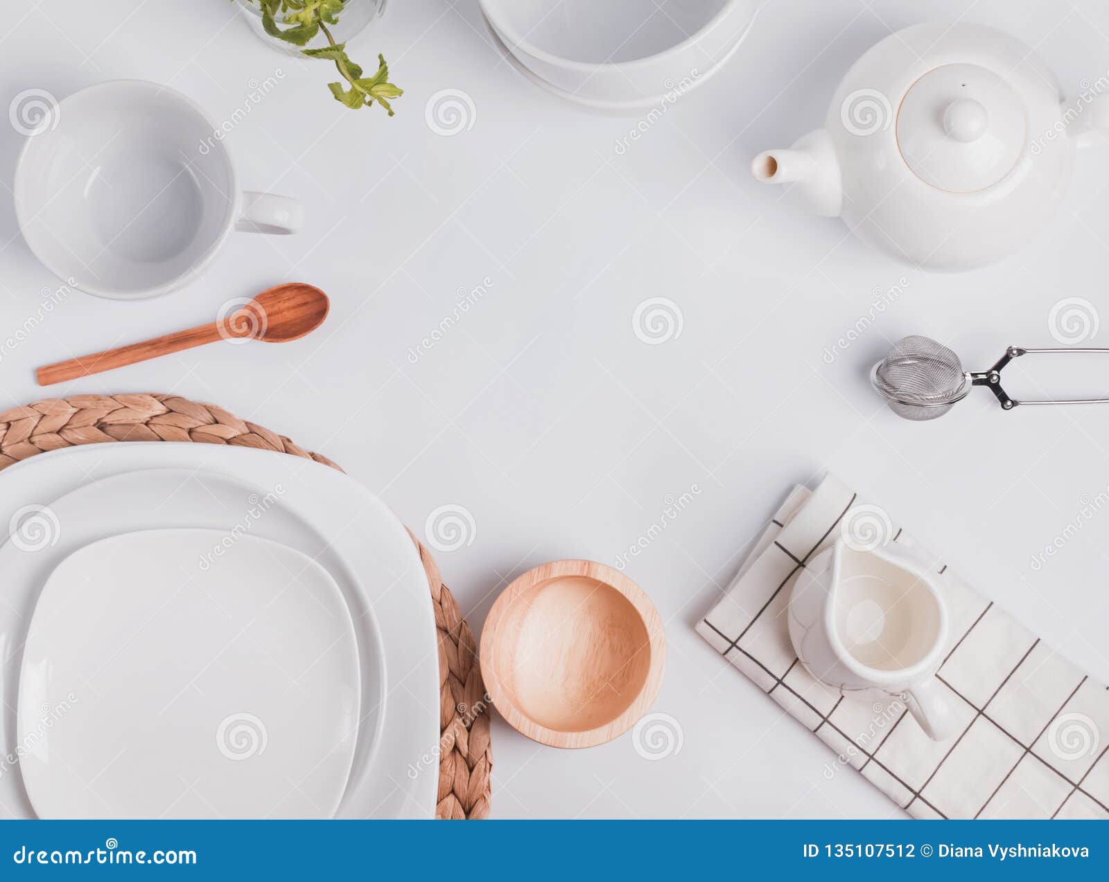 Different Tableware and Dishes on the White Background, Top View. Stock ...