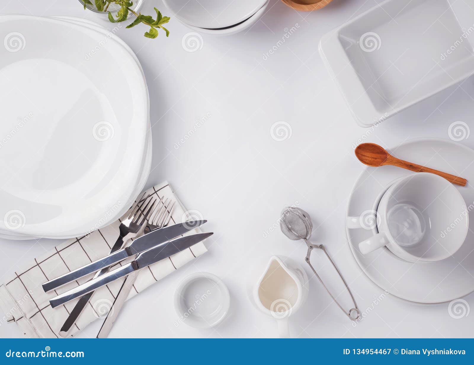 Different Tableware and Dishes on the White Background, Top View. Stock ...