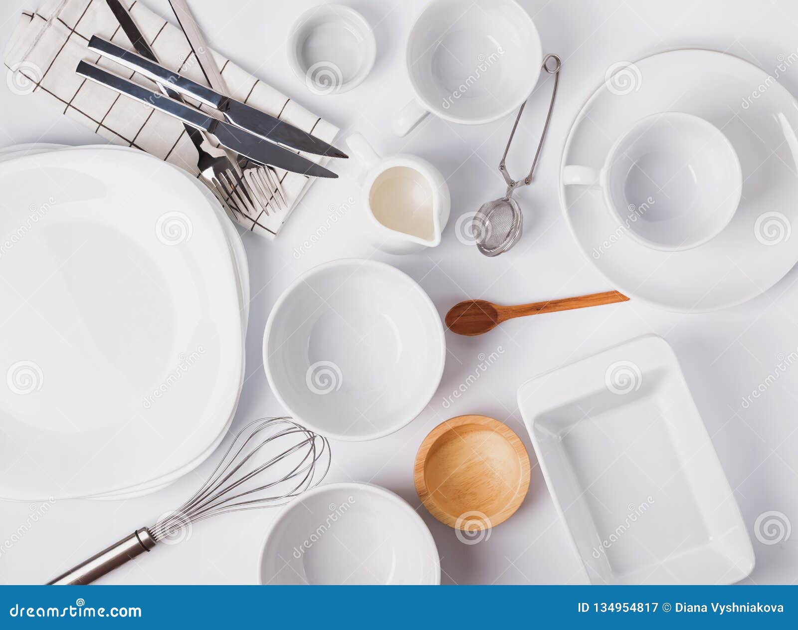 Different Tableware and Dishes on the White Background, Top View. Stock ...