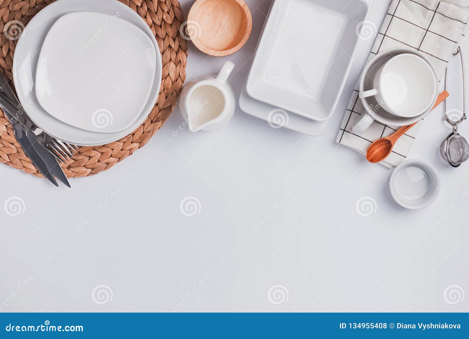 Different Tableware and Dishes on the White Background, Top View. Stock ...