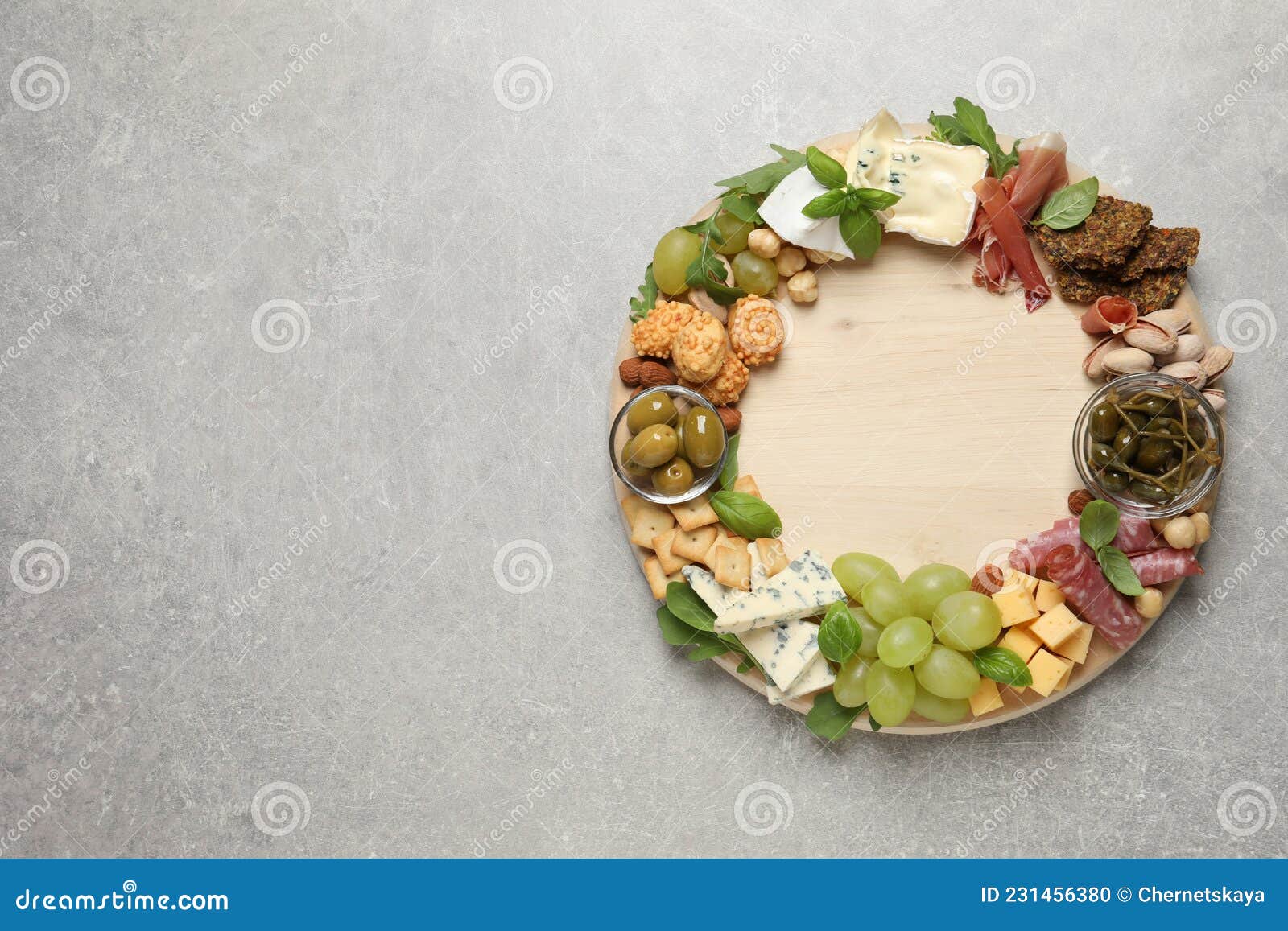Different Tasty Appetizers on Light Table, Top View. Space for Text ...