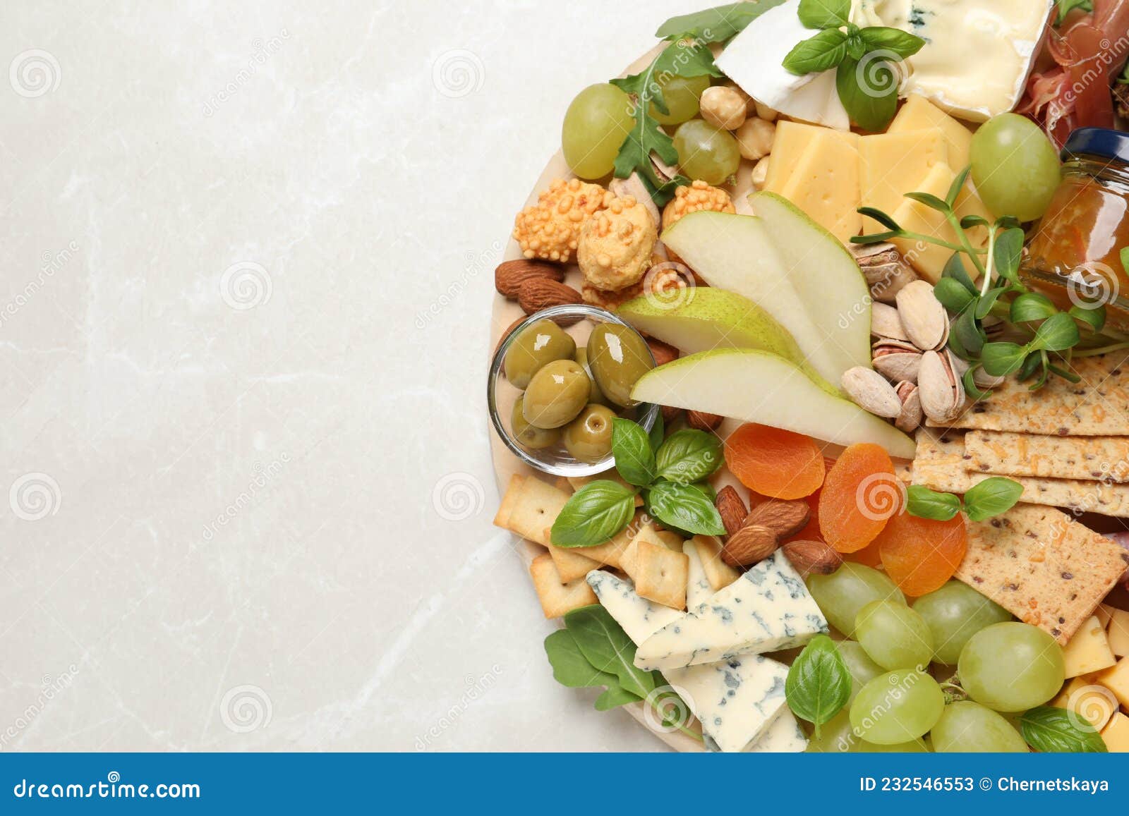 Different Tasty Appetizers on Light Table, Top View. Space for Text ...