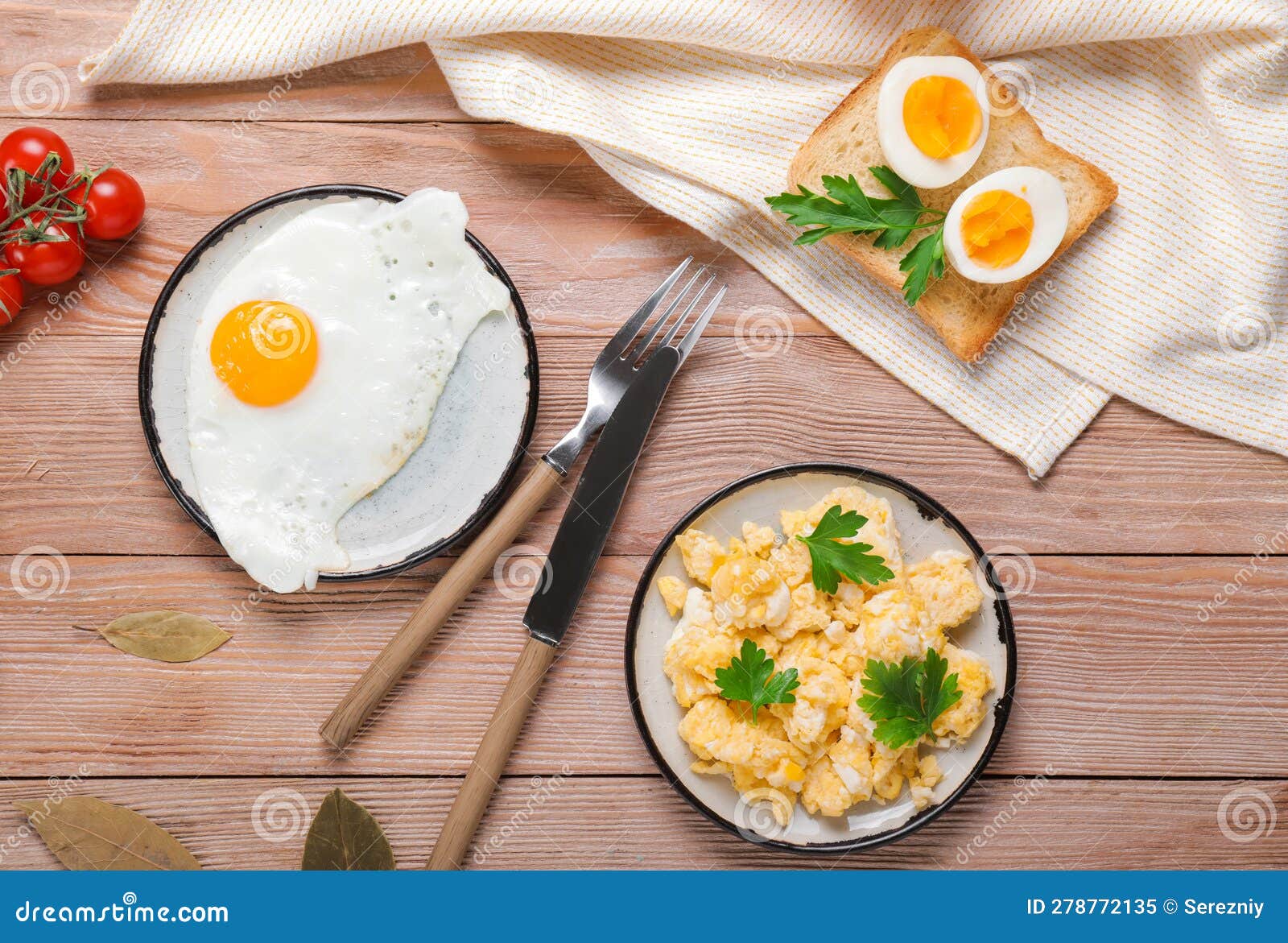 Different Tasty Dishes with Eggs on Wooden Table Stock Image - Image of ...